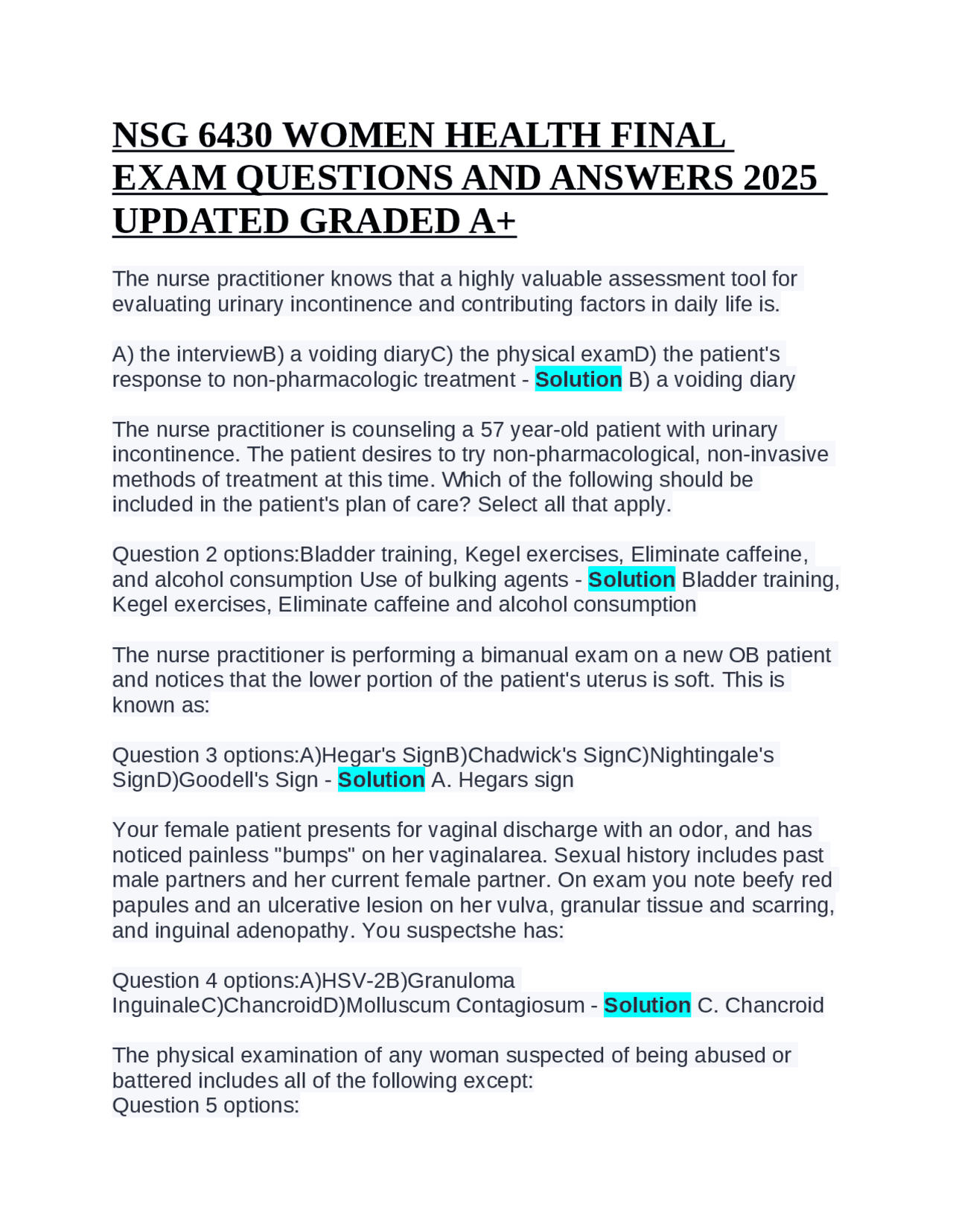 NSG 6430 Women's Health Final Exam Questions and Answers 2025 | Exams ...