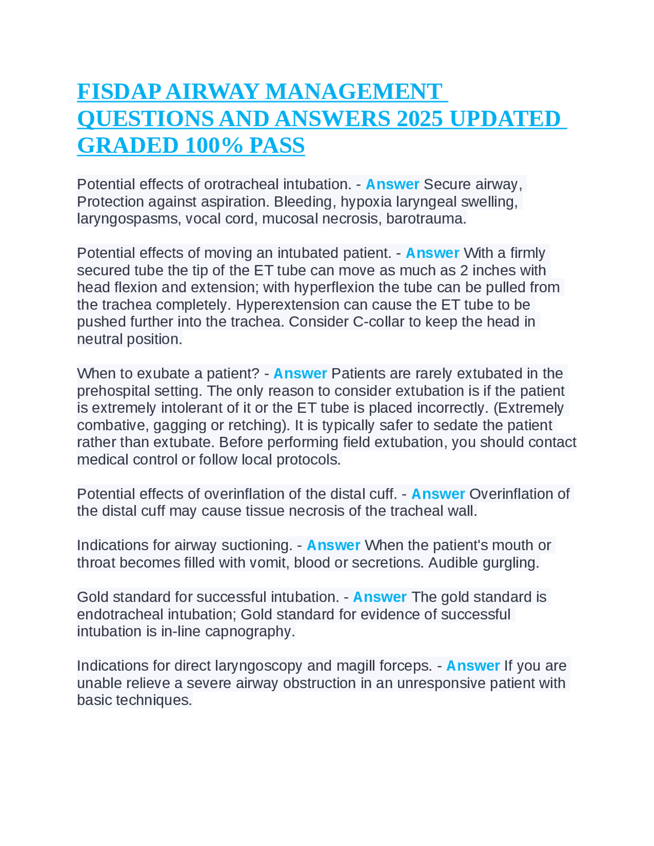 FISDAP Airway Management Questions and Answers: 2025 Updated | Exams Nursing | Docsity