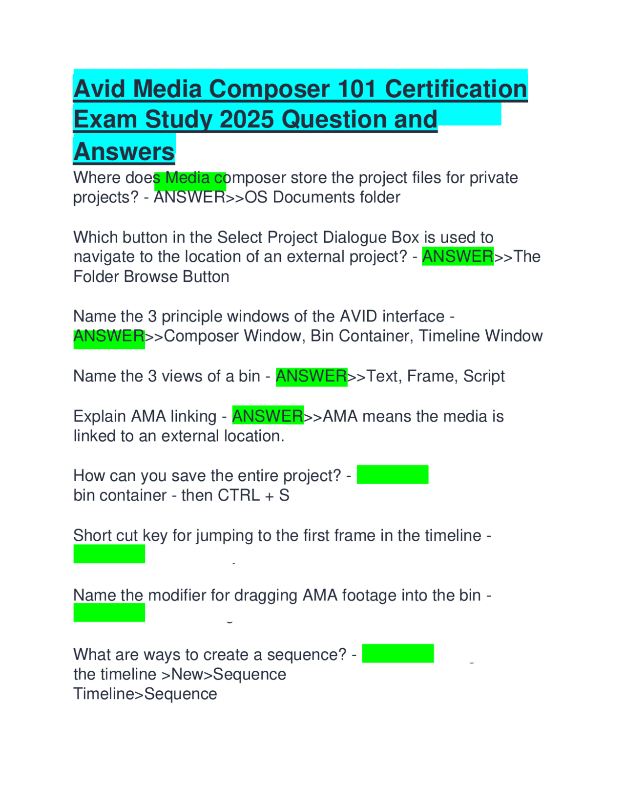 Avid Media Composer 101 Certification Exam Study 2025 Question and ...