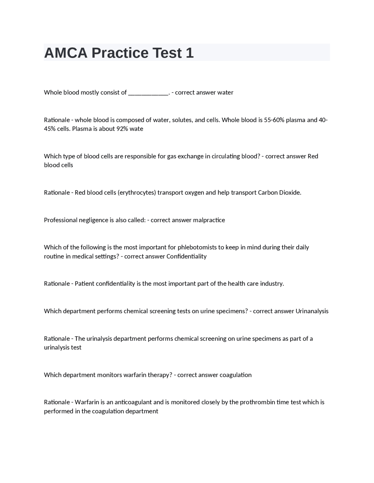 AMCA Practice Test 1: Blood and Medical Procedures | Exams Nursing ...