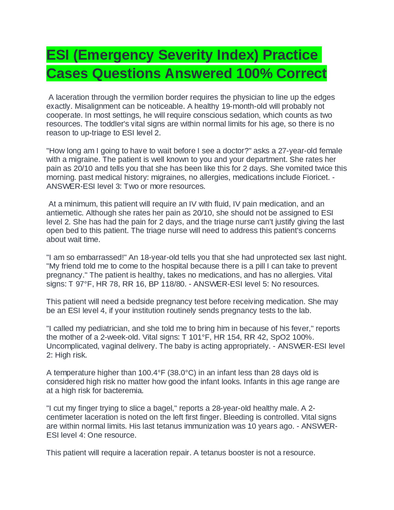 ESI (Emergency Severity Index) Practice Cases: Questions and Answers ...