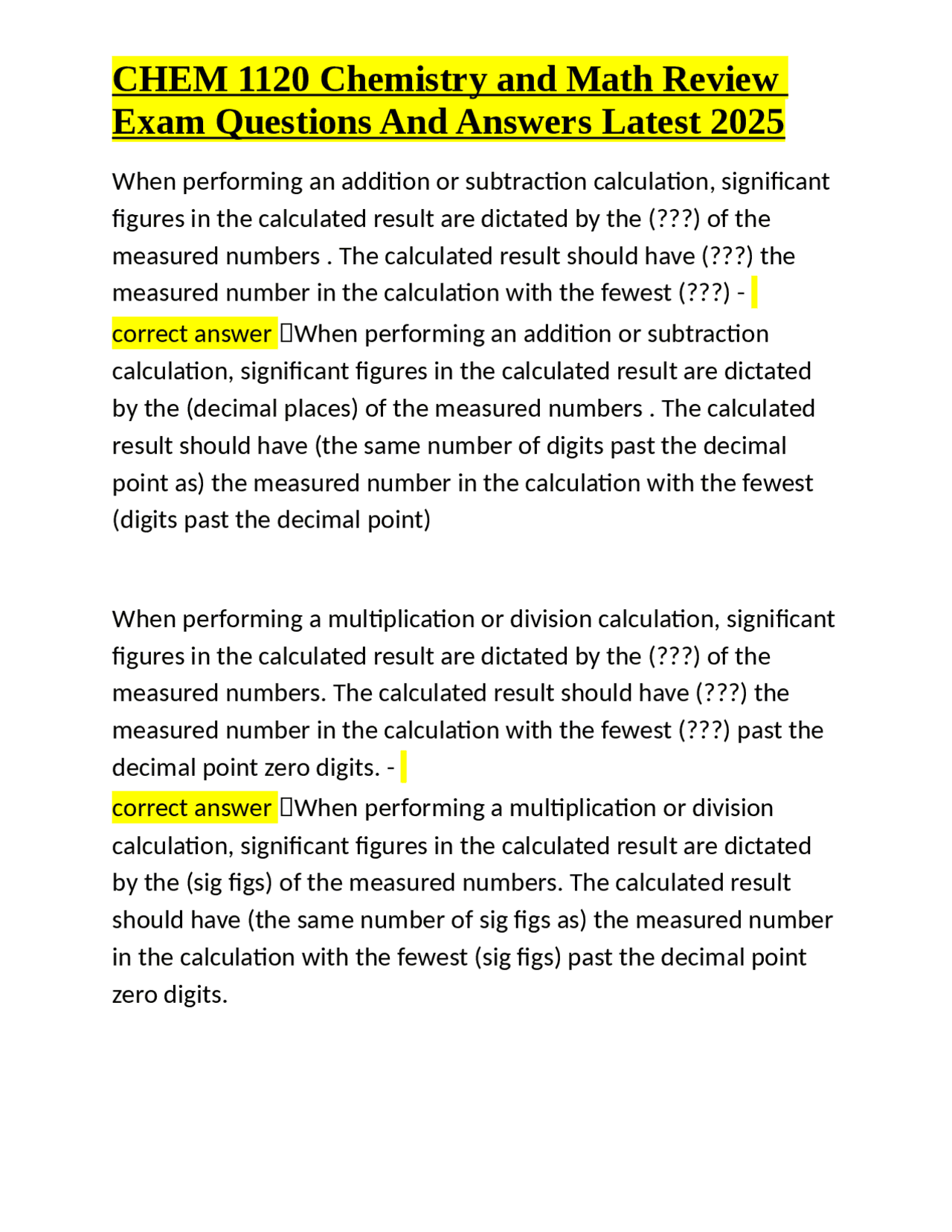 CHEM 1120 Chemistry and Math Review: Exam Questions and Answers | Exams Chemistry | Docsity