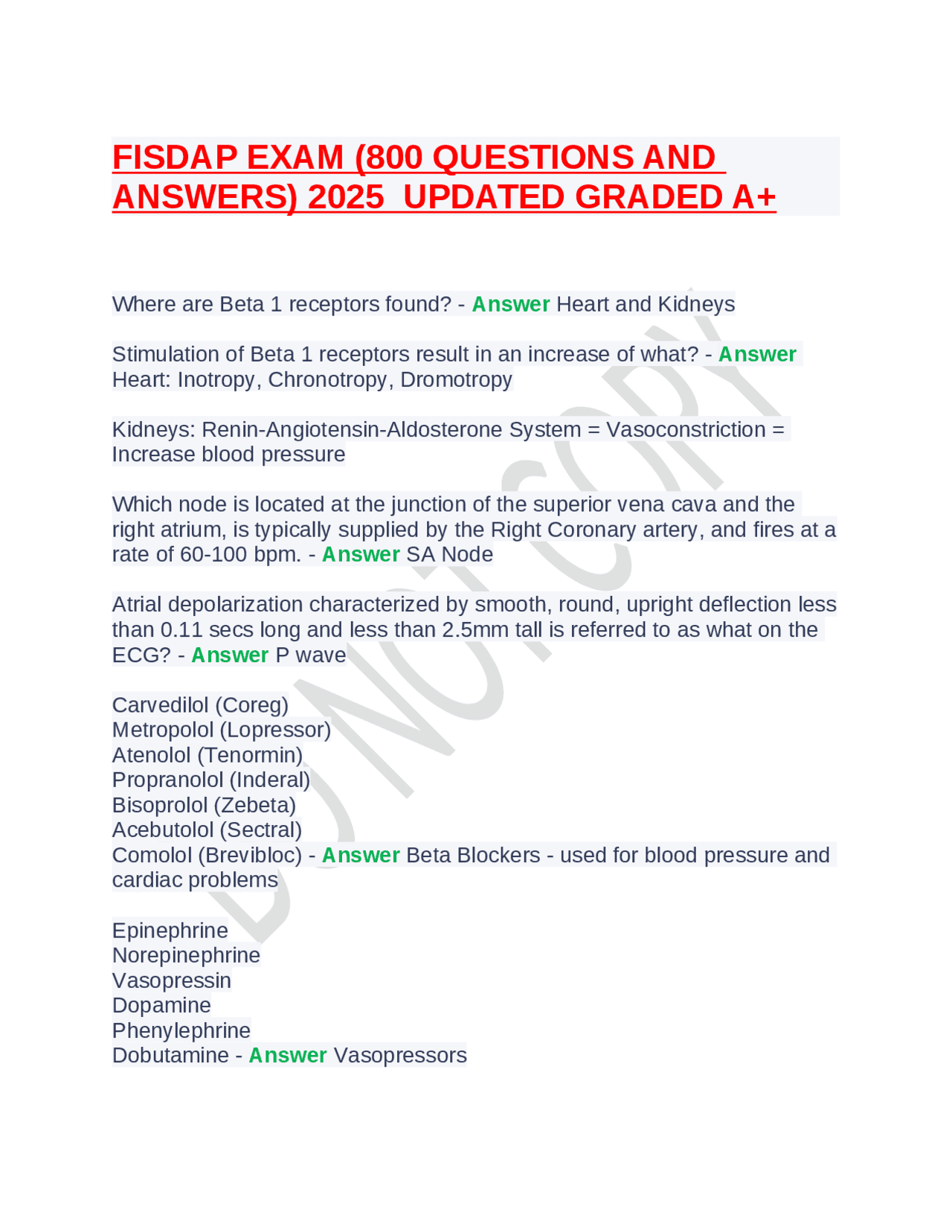 FISDAP Exam Questions and Answers: Cardiovascular System | Exams ...
