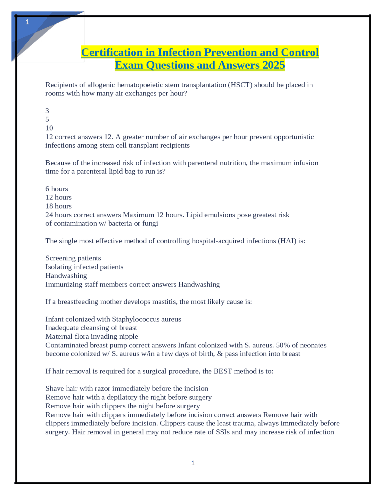 Infection Prevention and Control Exam Questions and Answers | Exams ...