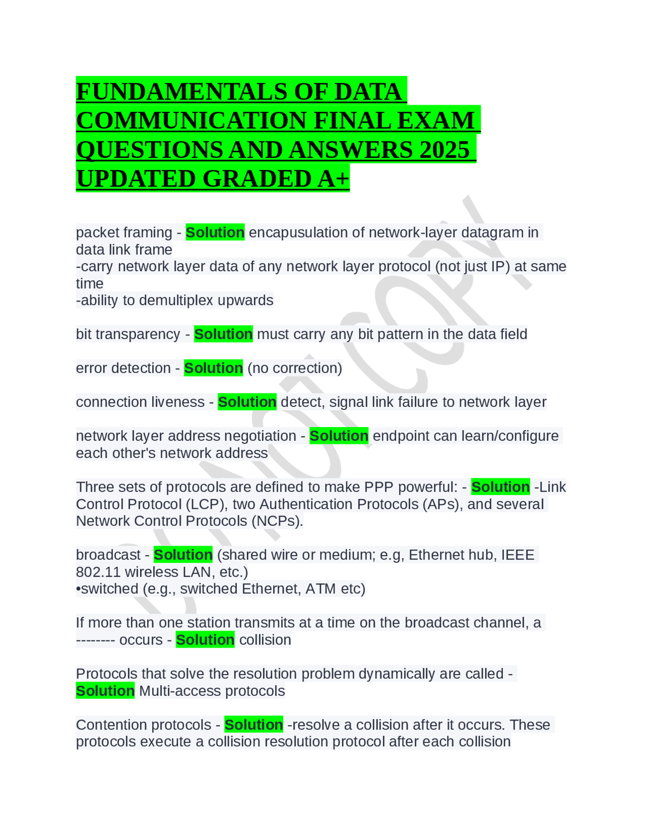 Fundamentals of Data Communication Final Exam Questions and Answers ...