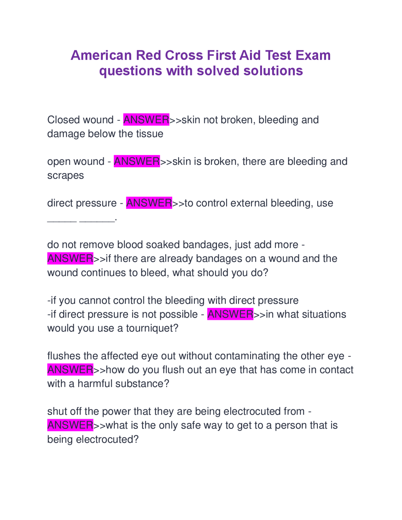 American Red Cross First Aid Test Exam: Questions and Solved Solutions ...
