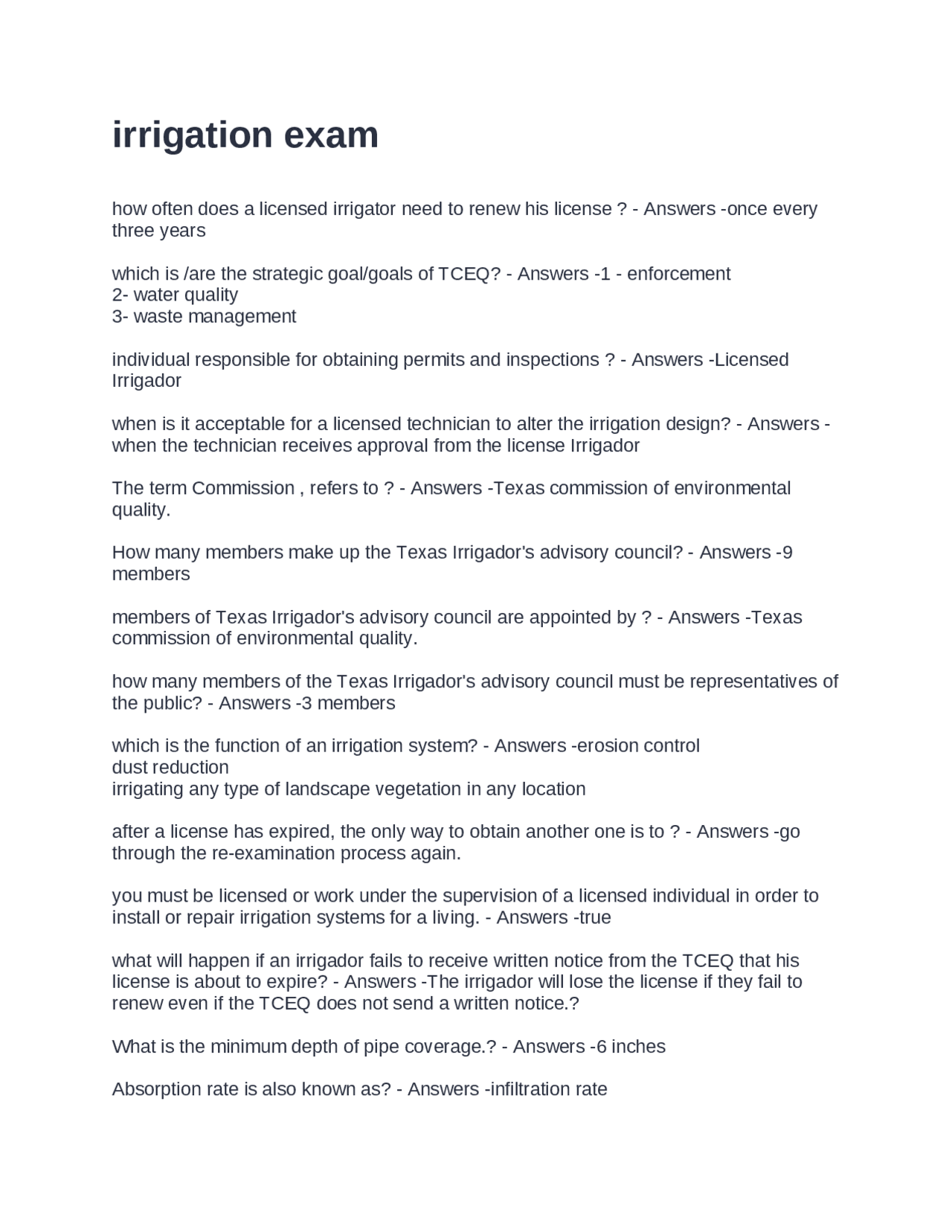 Irrigation Exam With Questions and 100% Correct Answers | Exams ...