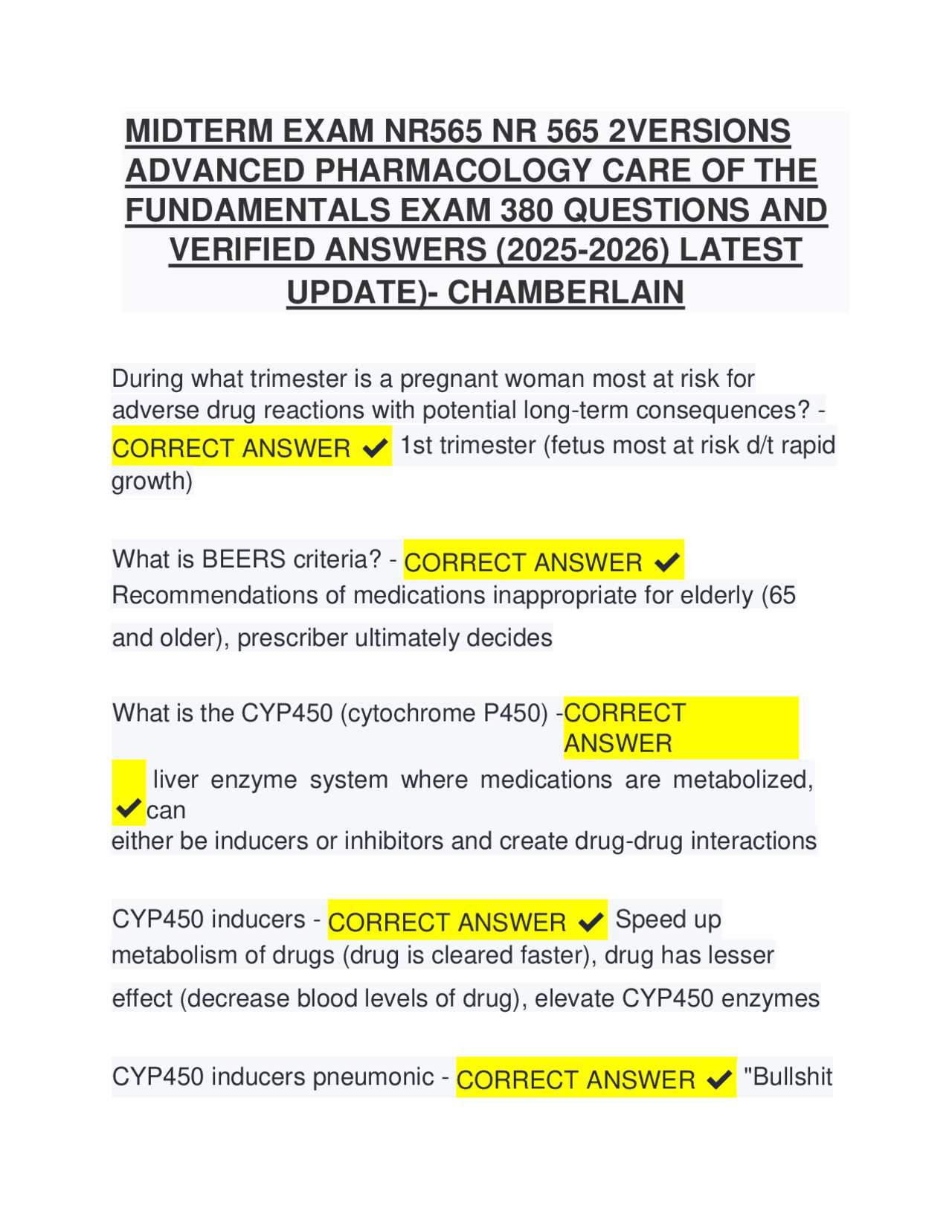 MIDTERM EXAM NR565 NR 565 VERSIONS ADVANCED PHARMACOLOGY CARE OF THE FUNDAMENTALS EXAM | Exams ...