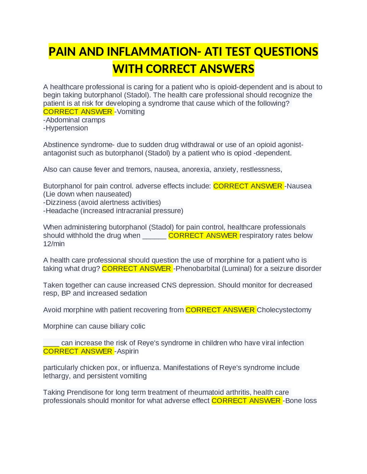 PAIN AND INFLAMMATION- ATI TEST QUESTIONS WITH CORRECT ANSWERS | Exams ...