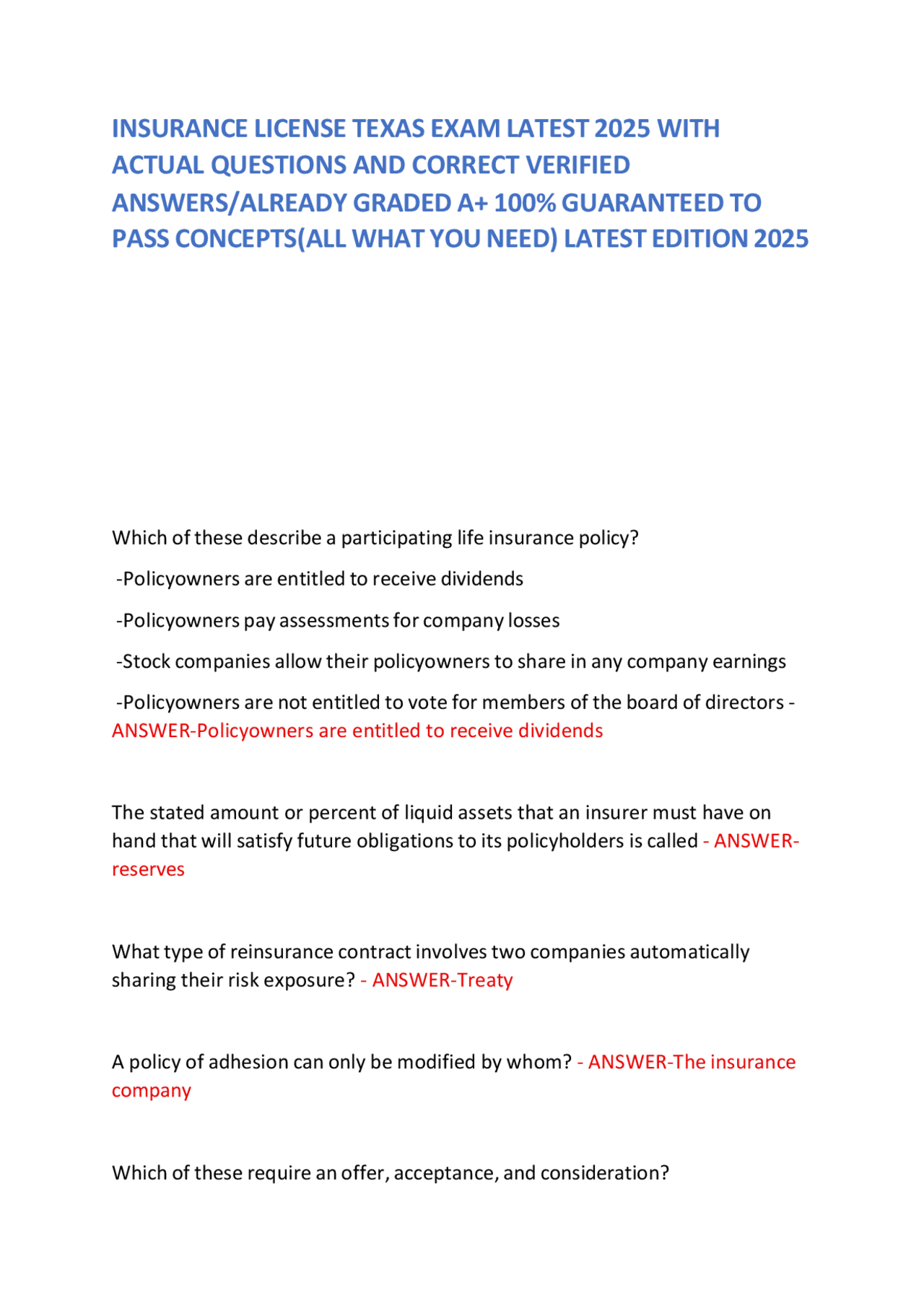 INSURANCE LICENSE TEXAS EXAM LATEST 2025 WITH ACTUAL QUESTIONS AND ...