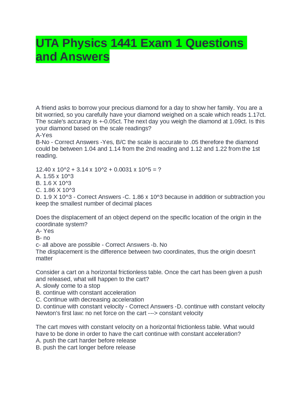 Physics 1441 Exam 1: Mechanics & Kinematics | Exams Advanced Education ...