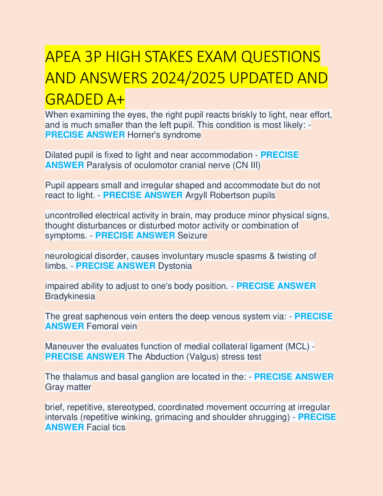 APEA 3P High Stakes Exam Questions and Answers 2024/2025 | Exams ...