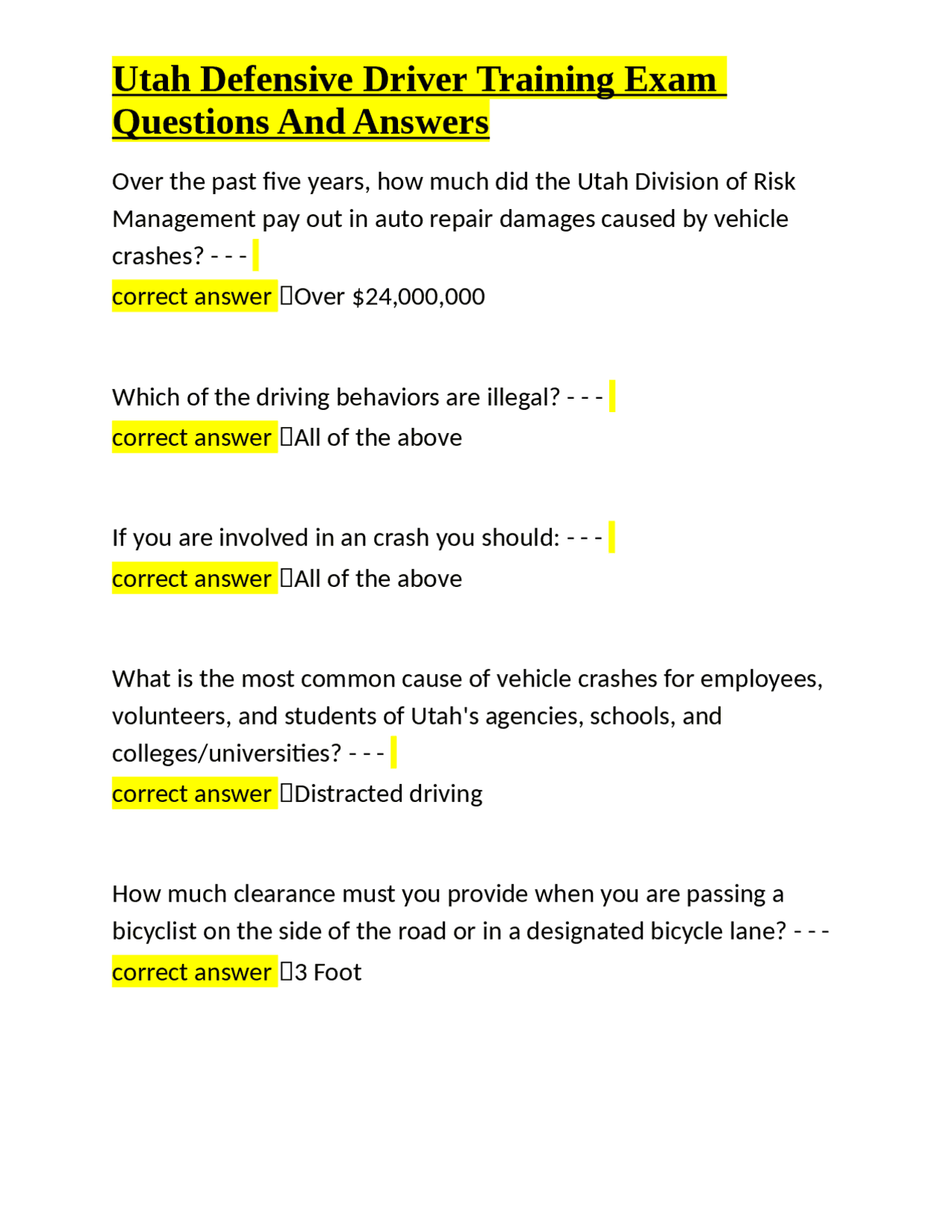 Utah Defensive Driver Training Exam: Questions and Answers | Exams ...