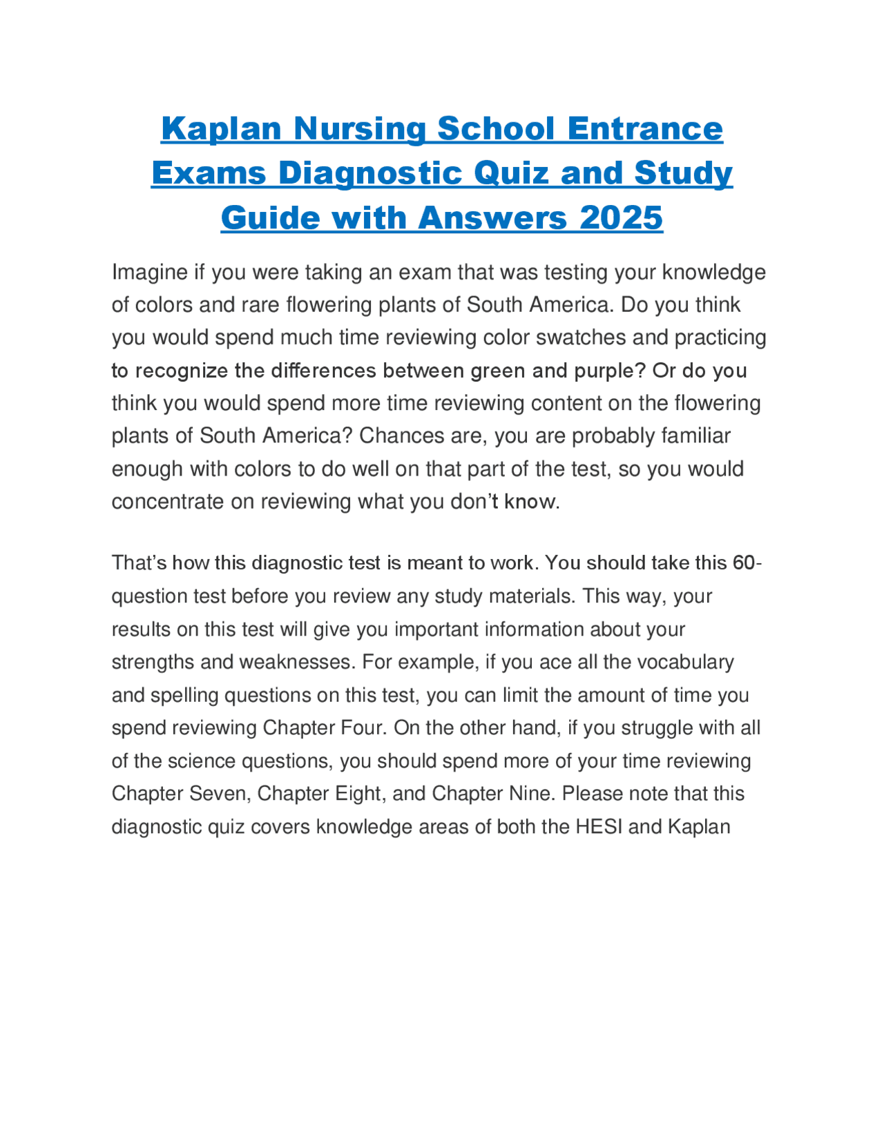 Nursing School Entrance Exam Diagnostic Quiz and Study Guide | Exams ...