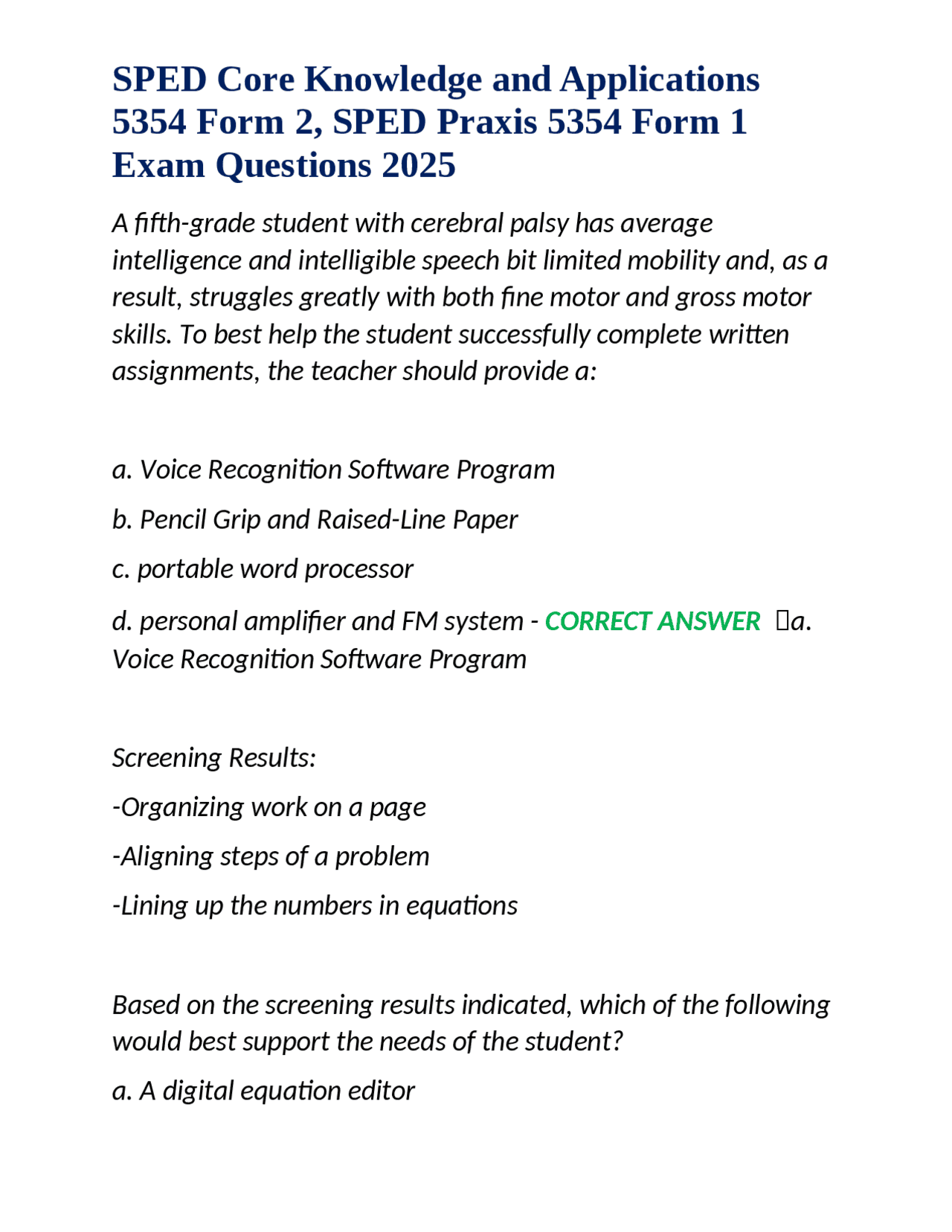 SPED Core Knowledge and Applications 5354 Form 2, SPED Praxis 5354 Form ...