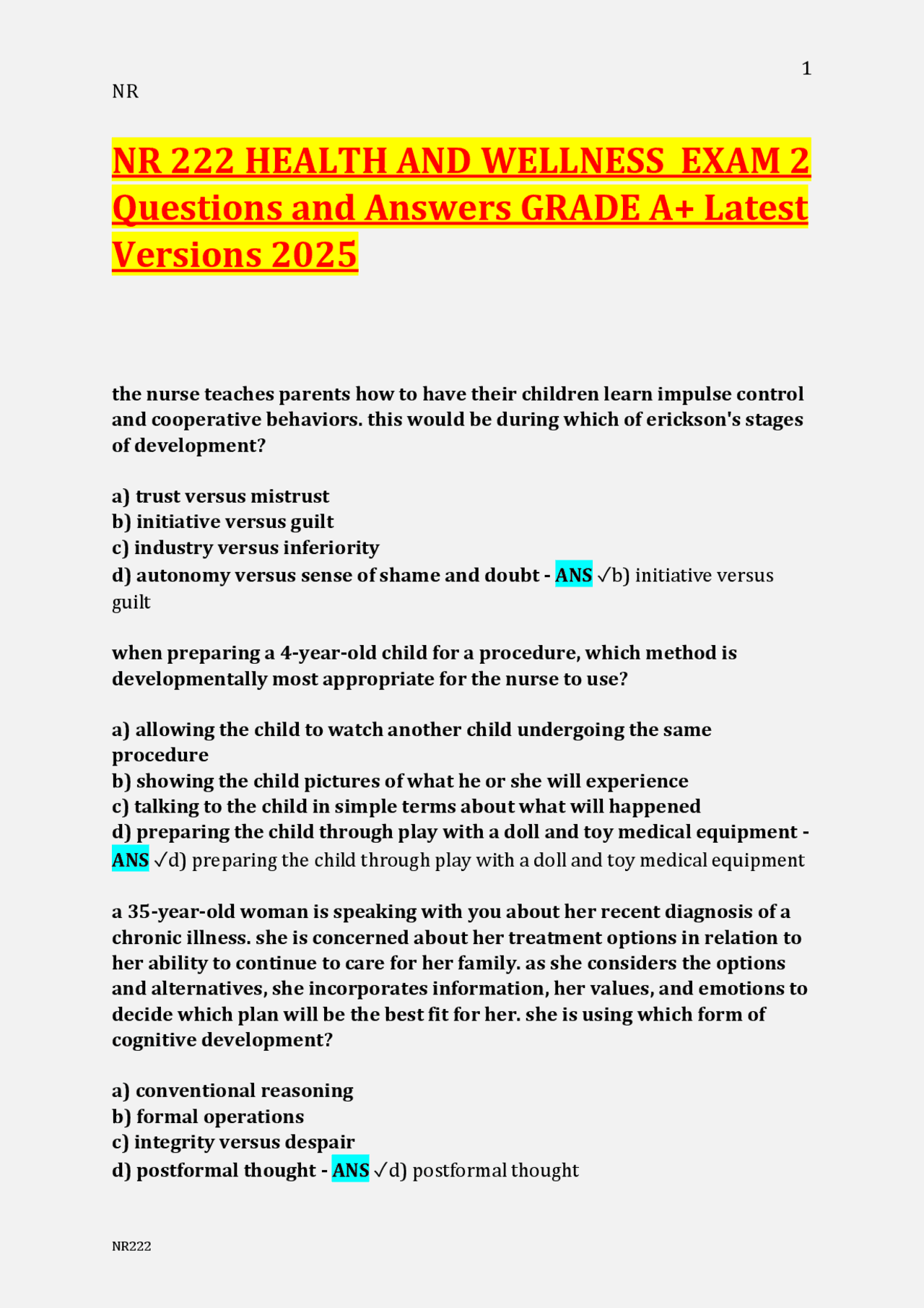 NR222 Health and Wellness Exam 2: Questions and Answers | Exams Nursing ...