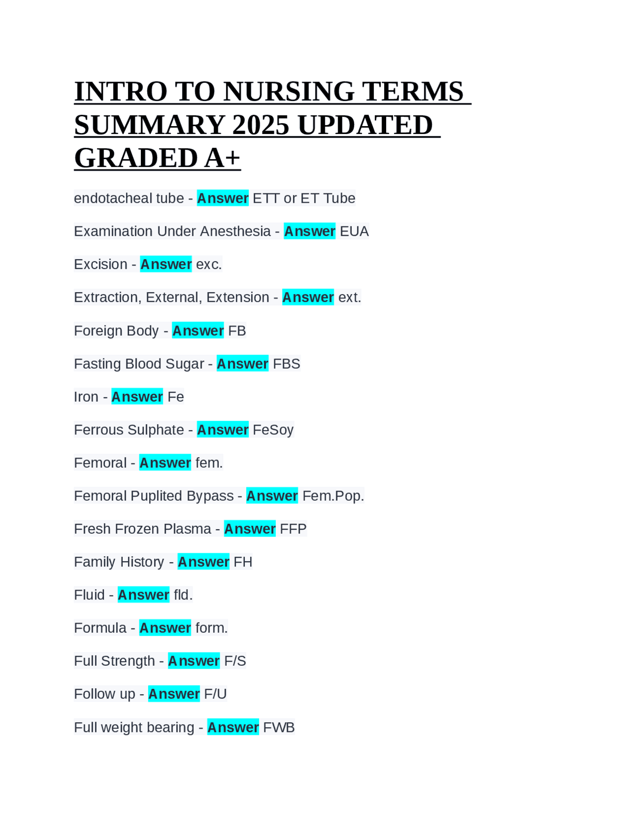 Medical Abbreviations Glossary: A Comprehensive Guide for Nursing Students | Exams Nursing | Docsity