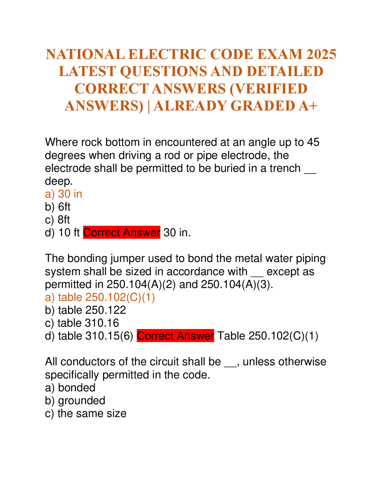 National Electric Code Exam 2025: Practice Questions and Answers | Exams Nursing | Docsity