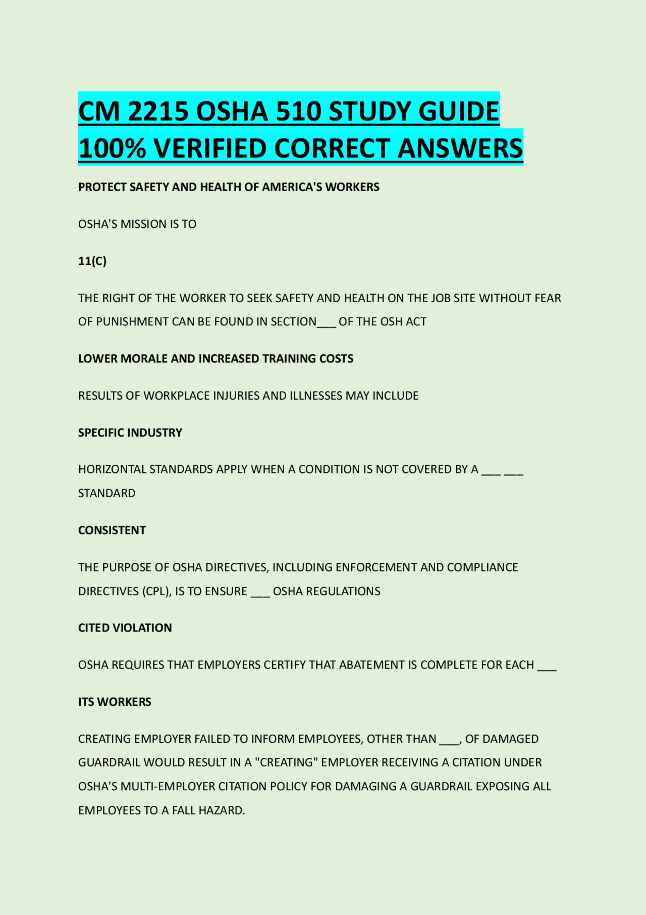 CM 2215 OSHA 510 STUDY GUIDE 100% VERIFIED CORRECT ANSWERS | Exams ...