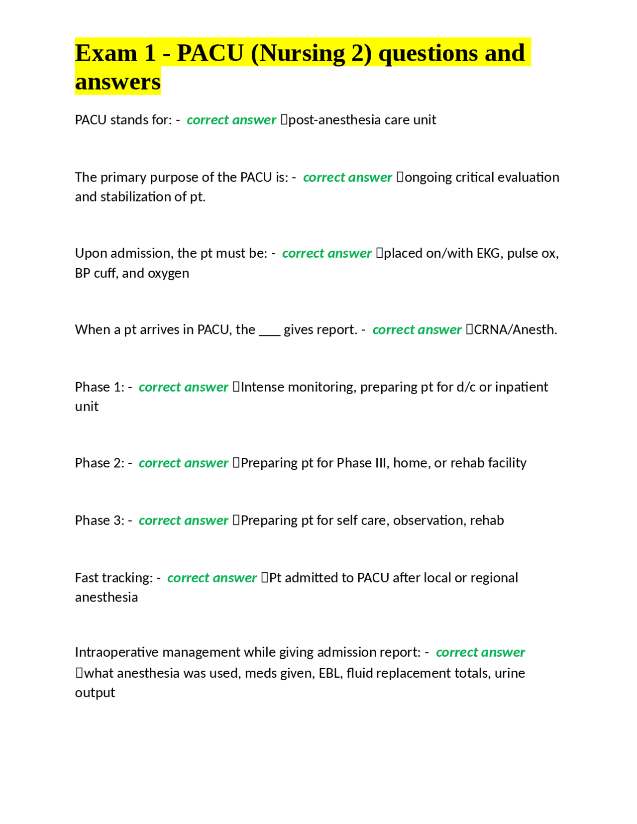 PACU (Post-Anesthesia Care Unit) Nursing Exam 1: Questions and Answers ...