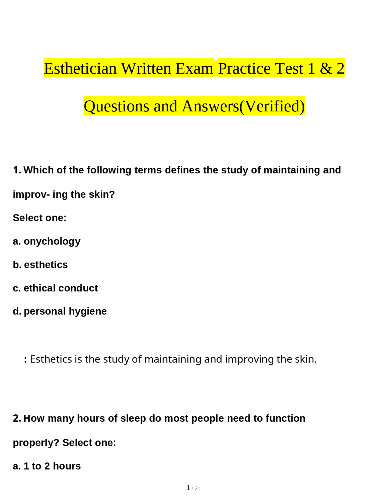 Esthetician Written Exam Practice Test 1 & 2 questions (latest 2025 / ...