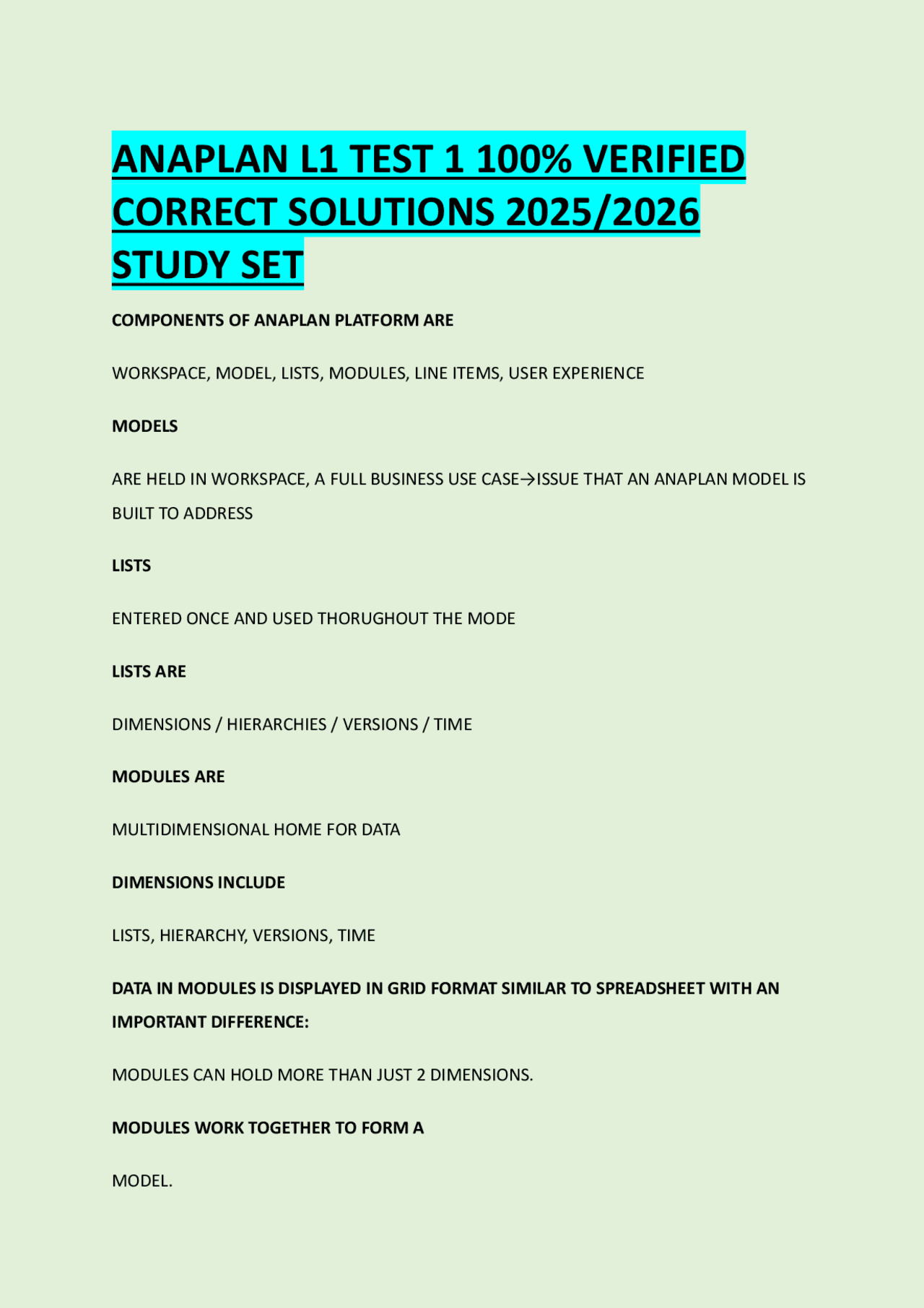 ANAPLAN L1 TEST 1 100% VERIFIED CORRECT SOLUTIONS 2025/2026 STUDY SET ...