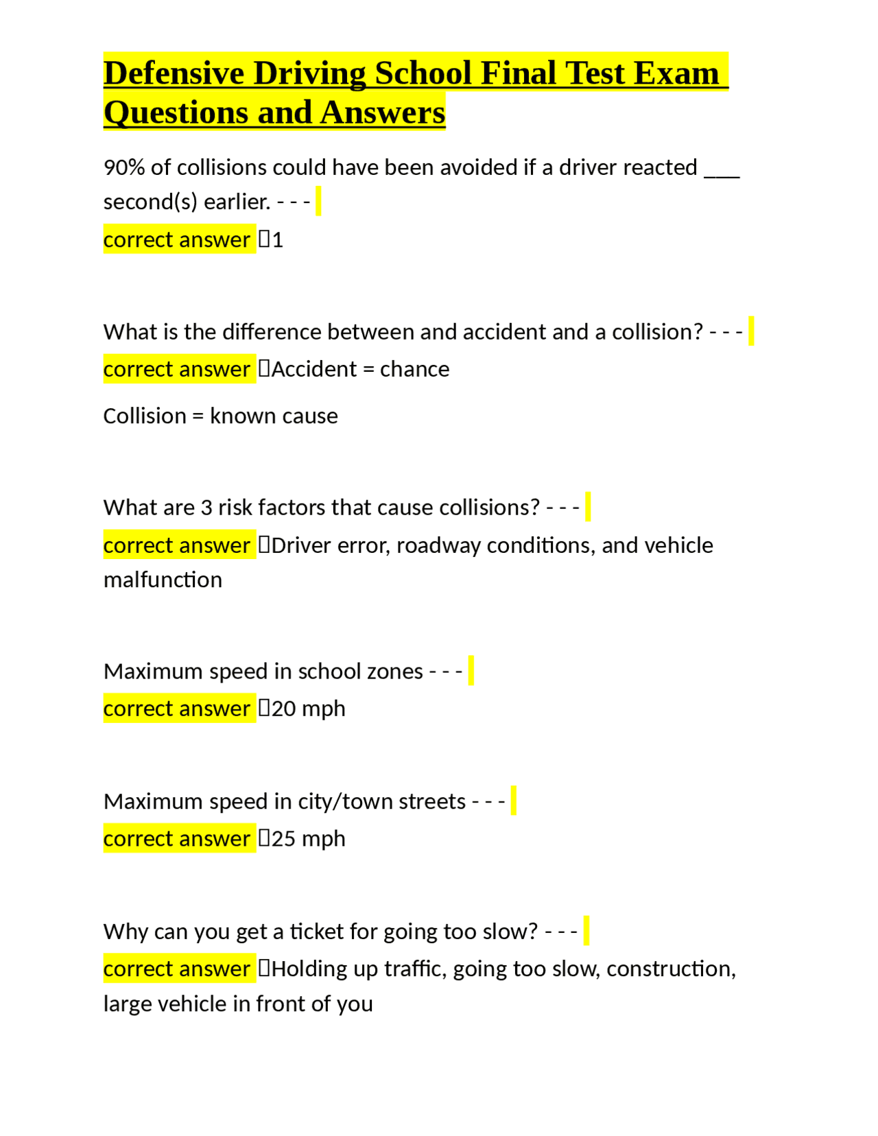 Defensive Driving School Final Test Exam: Questions and Answers | Exams ...