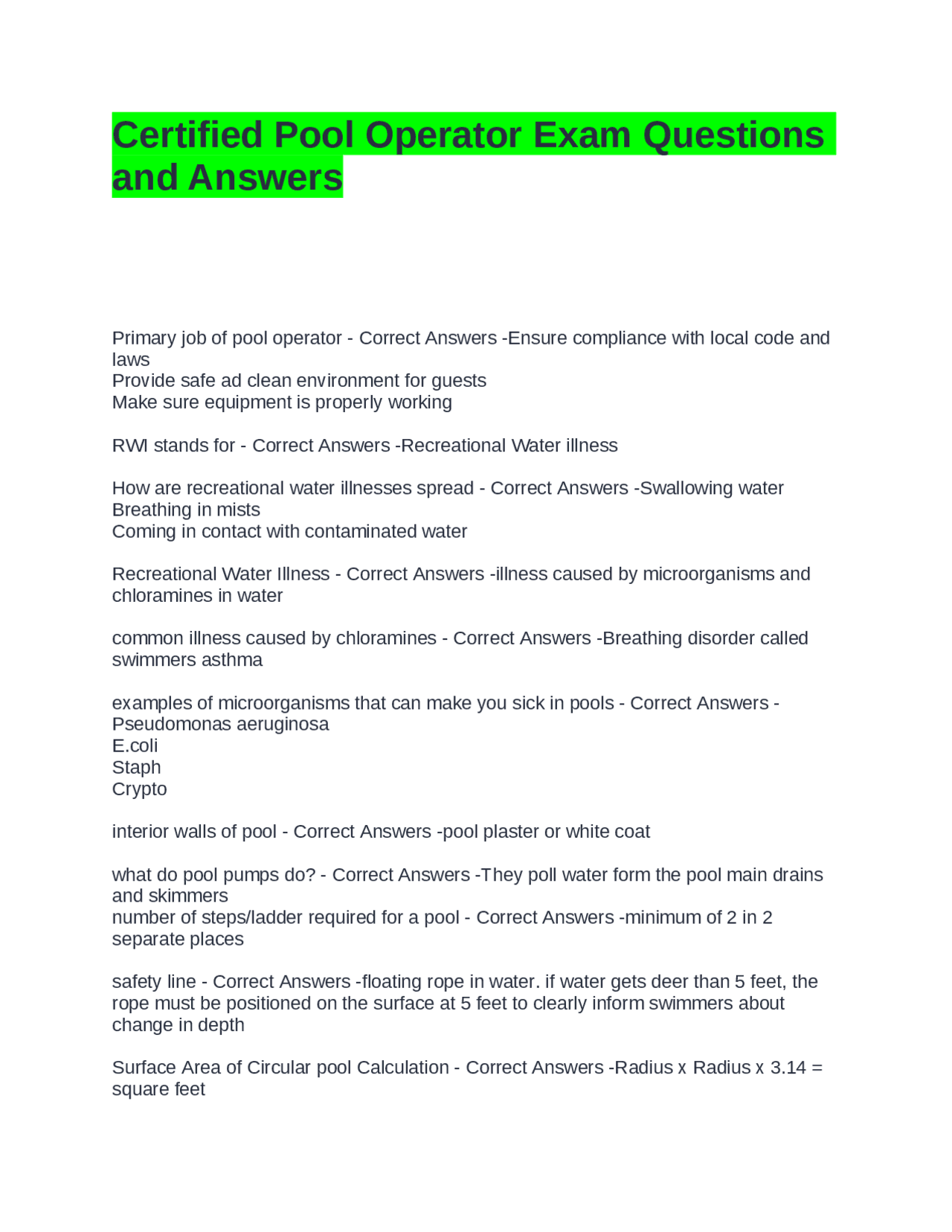 Certified Pool Operator Exam Questions and Answers | 2024-2025 | Exams ...