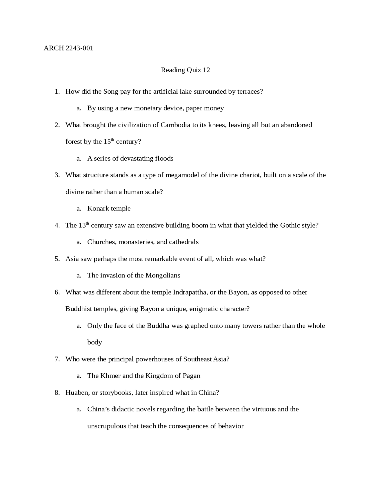Architecture Reading Quiz 12 | Quizzes History of Architecture | Docsity