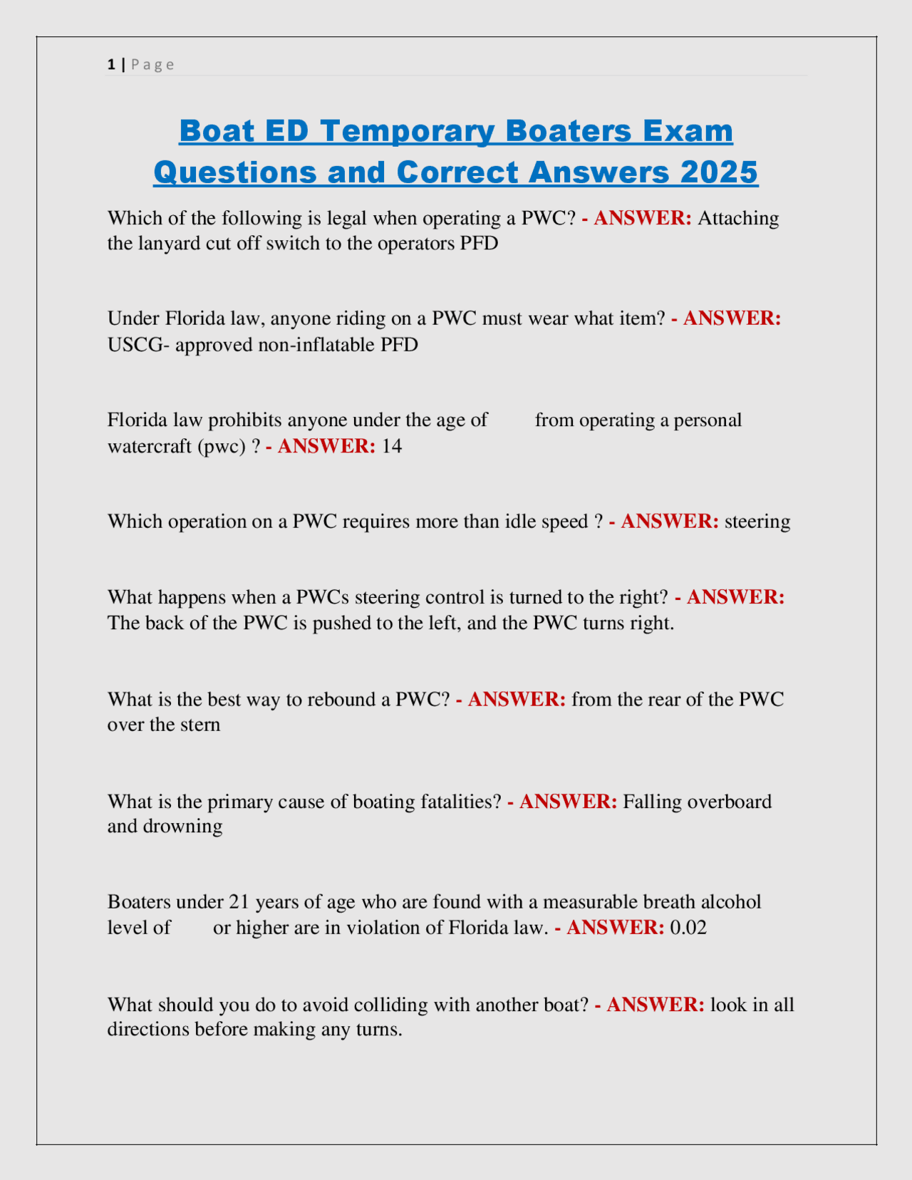Boat ED Temporary Boaters Exam Questions and Correct Answers 2025 ...