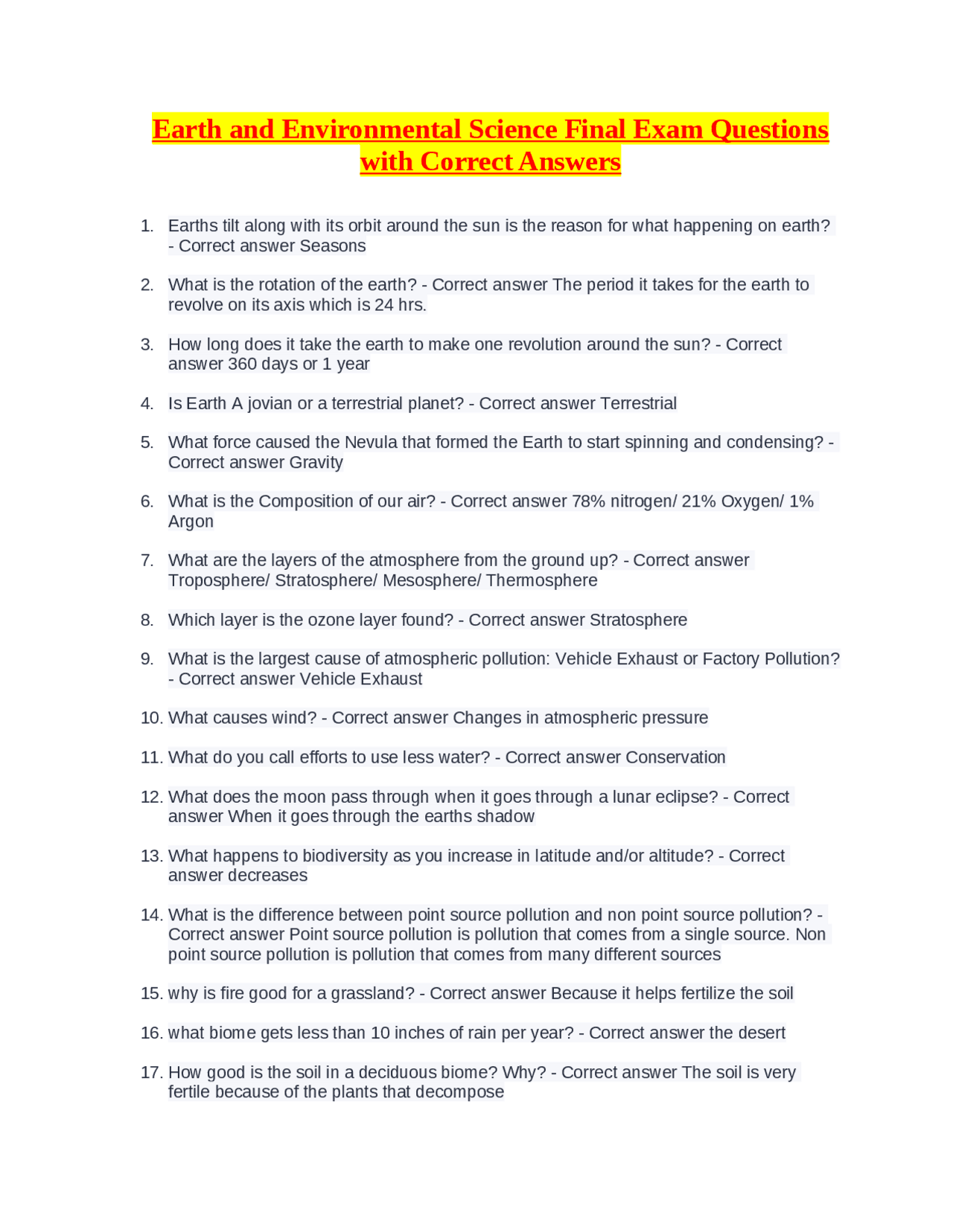 Earth and Environmental Science Final Exam Questions with Correct ...