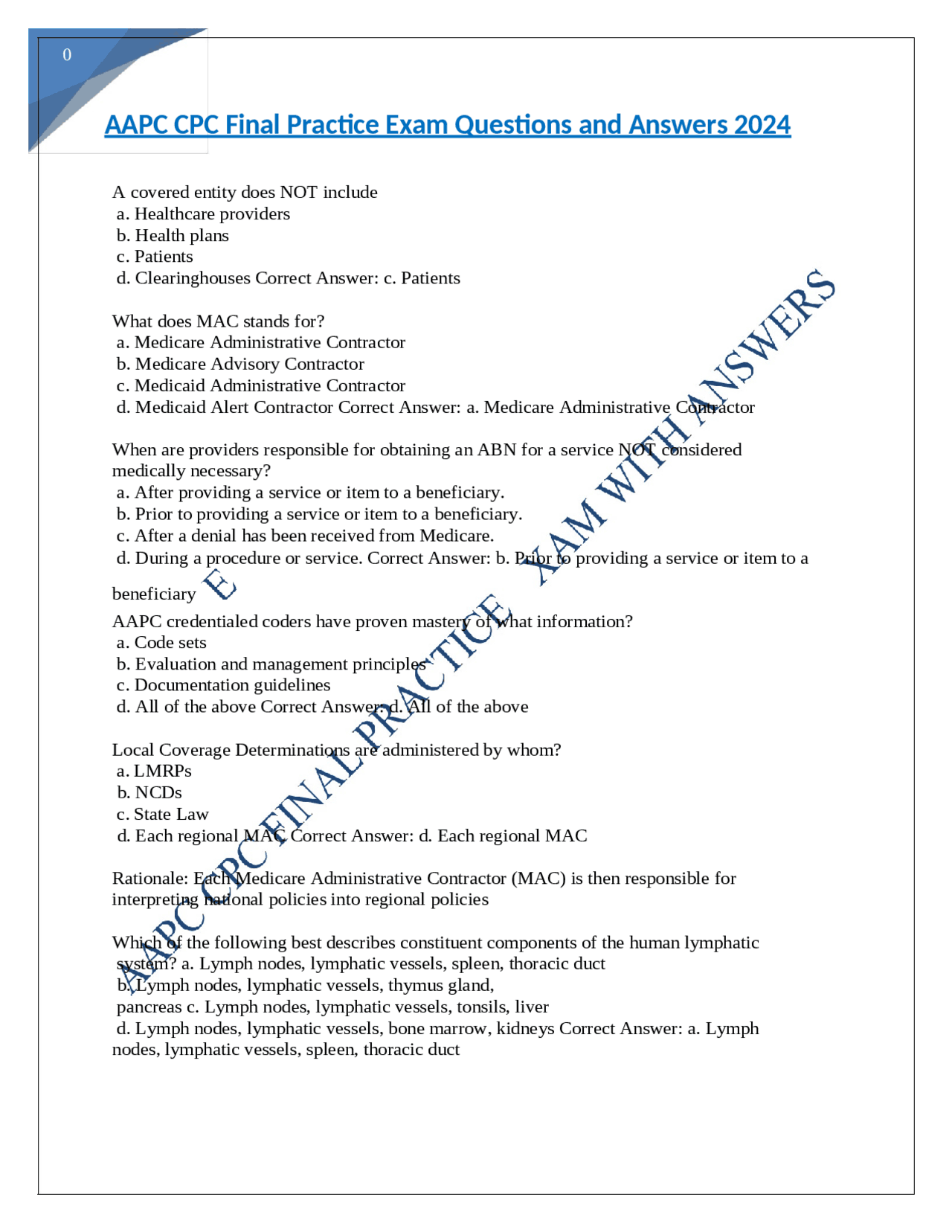 AAPC CPC Final Practice Exam Questions and Answers 2024 | Exams Nursing ...