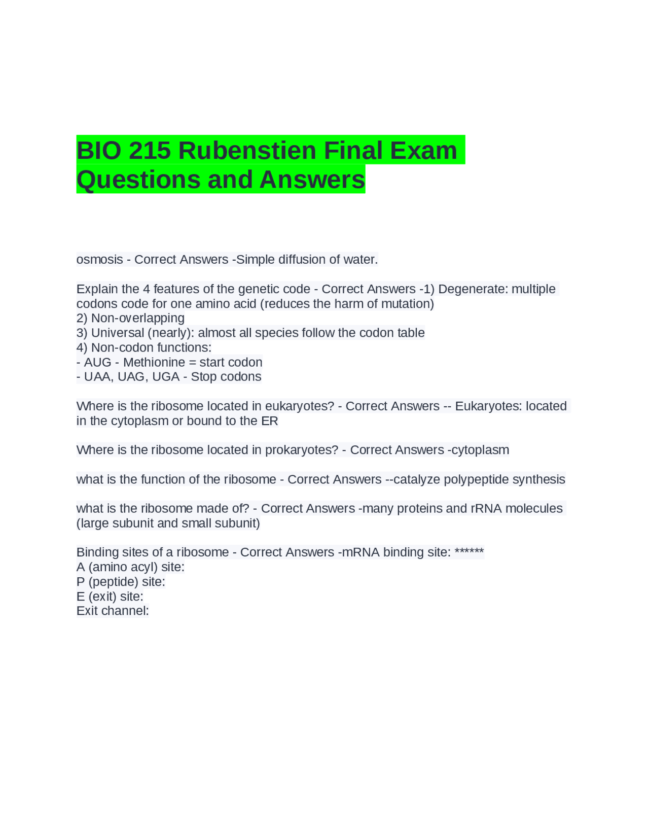 BIO 215 Rubenstien Final Exam Questions and Answers | Accurate | 2024 ...