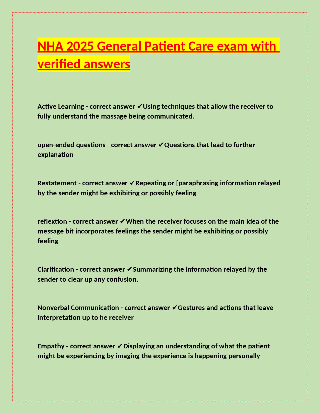 NHA 2025 General Patient Care Exam with Verified Answers | Exams ...