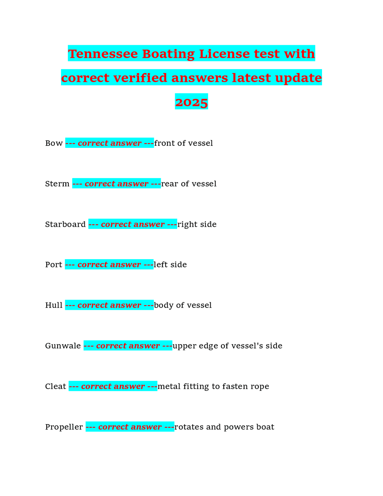 Tennessee Boating License test with correct verified answers latest ...