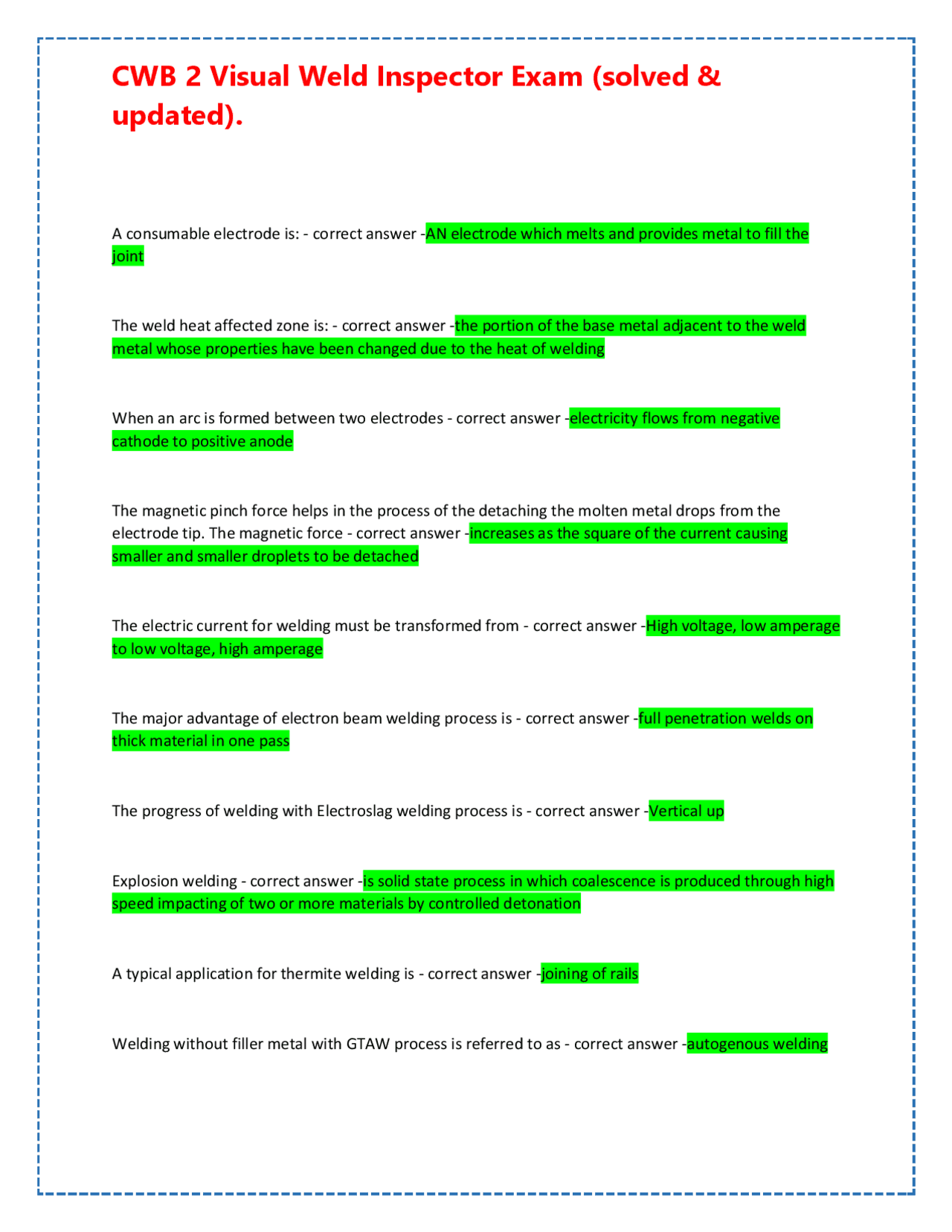 CWB 2 Visual Weld Inspector Exam (Solved & Updated): Multiple Choice ...