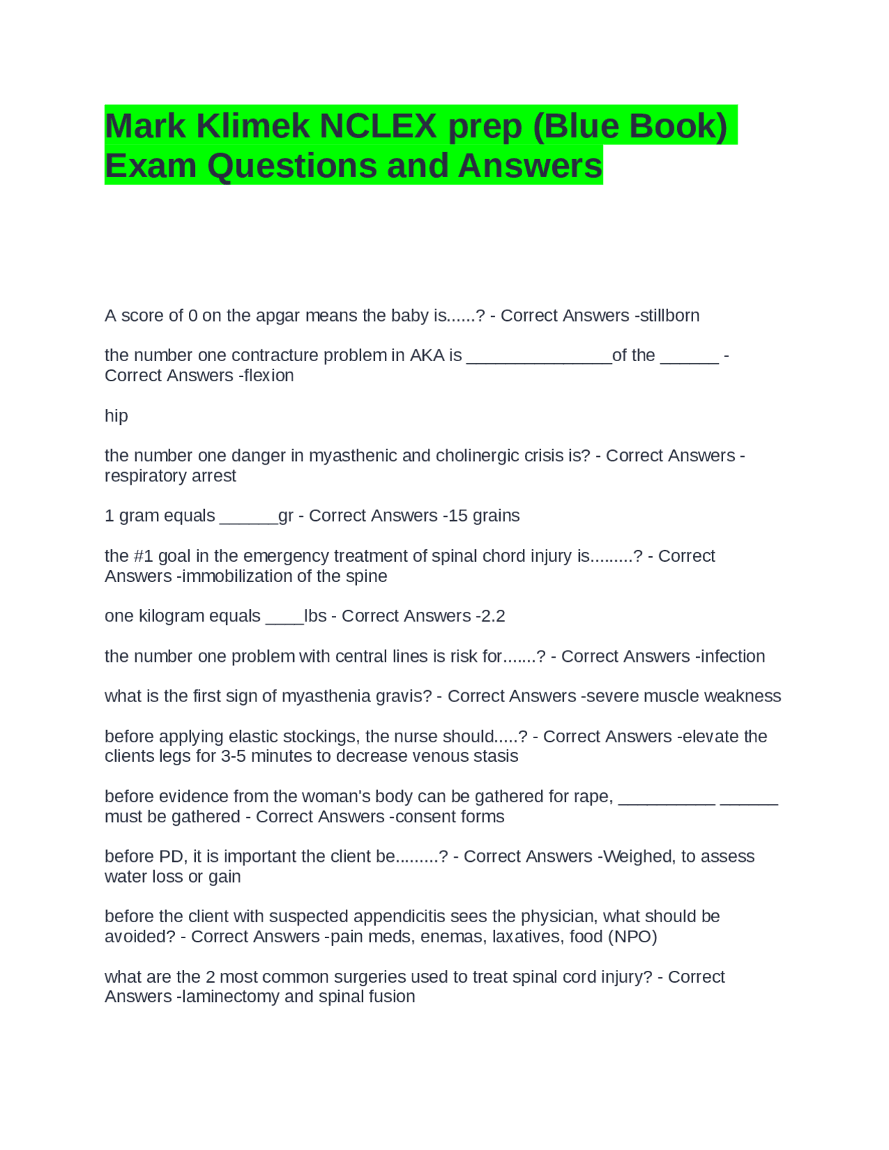 Mark Klimek NCLEX prep (Blue Book) Exam Questions and Answers | Graded ...