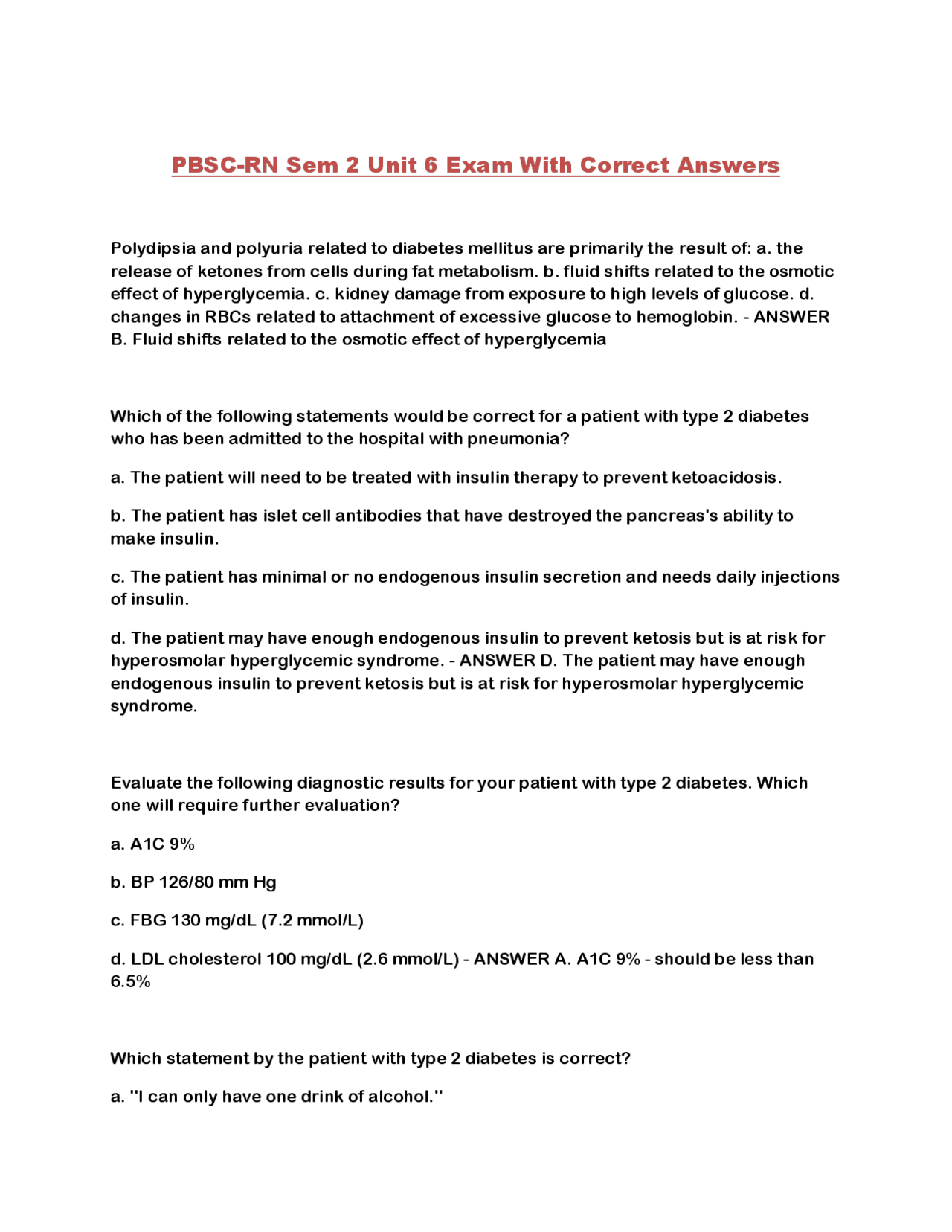 PBSC-RN Sem 2 Unit 6 Exam With Correct Answers | Exams Nursing | Docsity