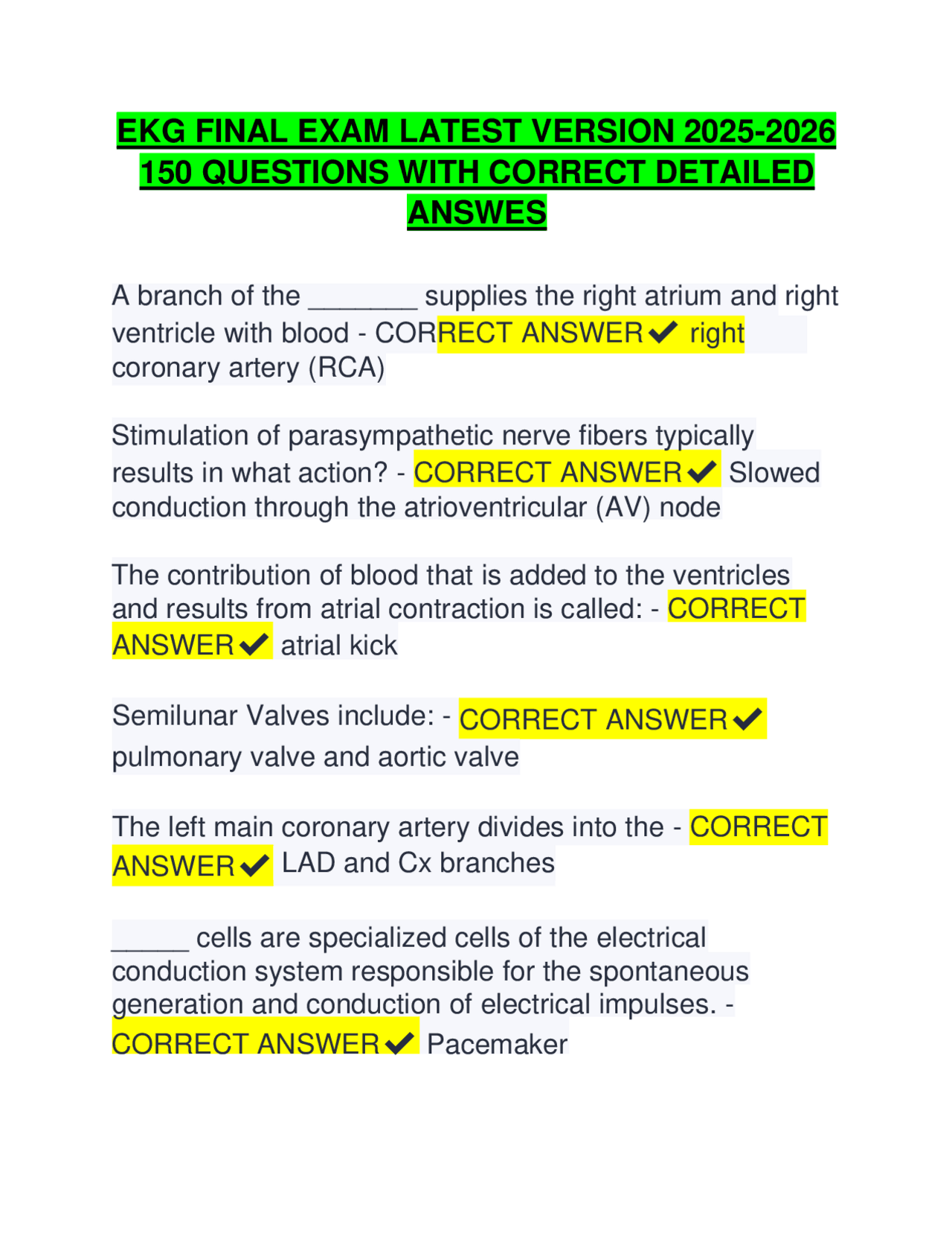 EKG FINAL EXAM LATEST VERSION 2025-2026 150 QUESTIONS WITH CORRECT ...