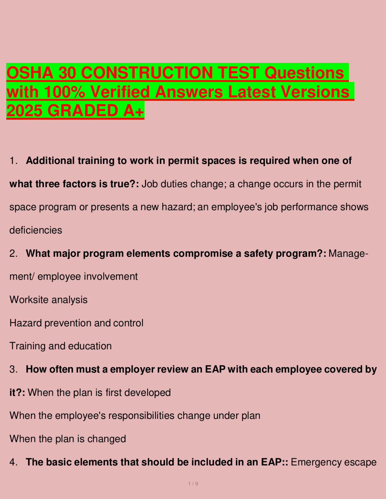 OSHA 30 CONSTRUCTION TEST Questions with 100% Verified Answers Latest ...