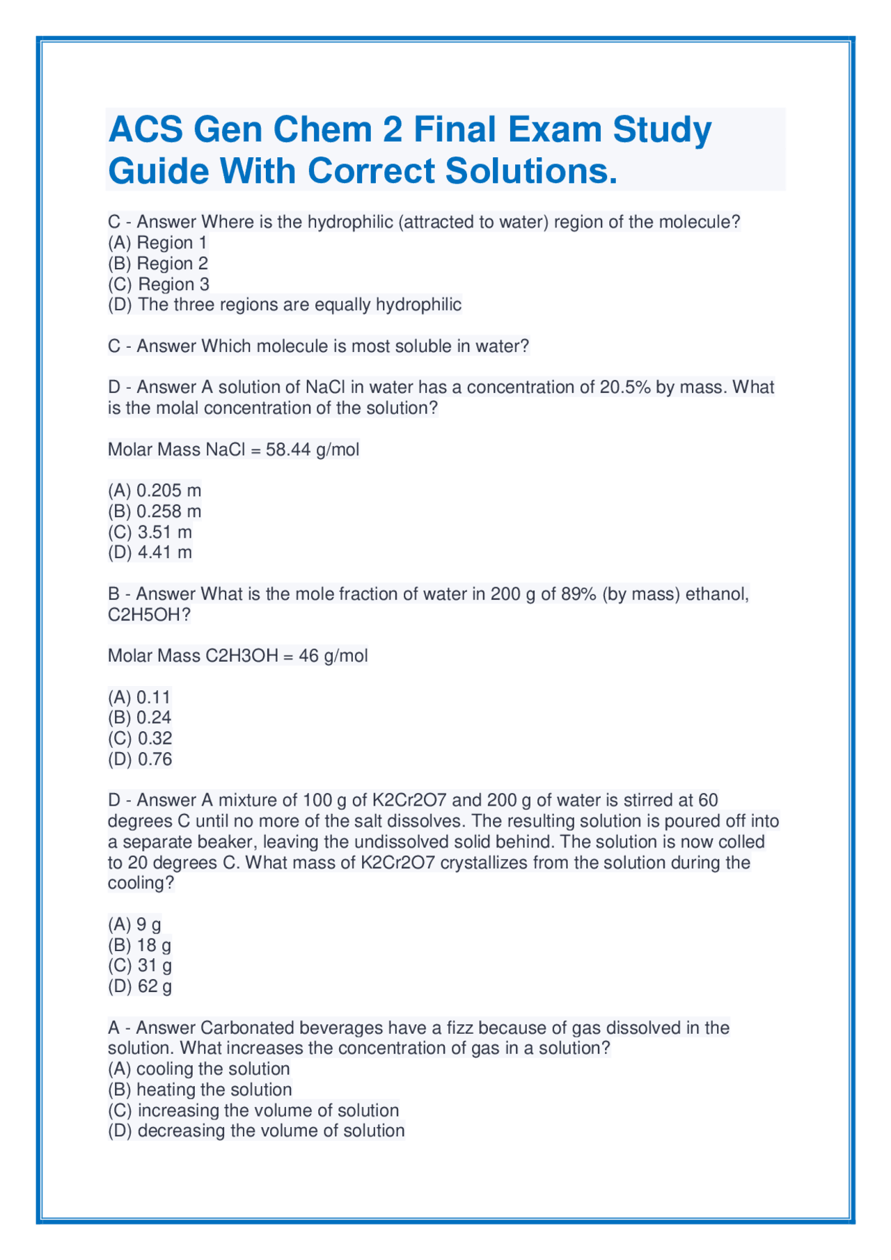 ACS Gen Chem 2 Final Exam Study Guide With Correct Solutions | Exams Chemistry | Docsity