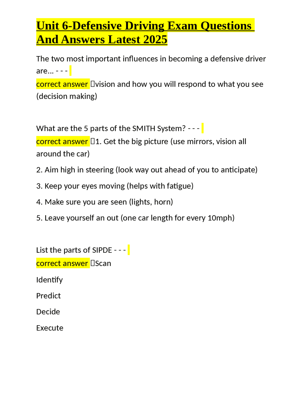 Defensive Driving Exam: Questions & Answers | Exams Physical Education ...