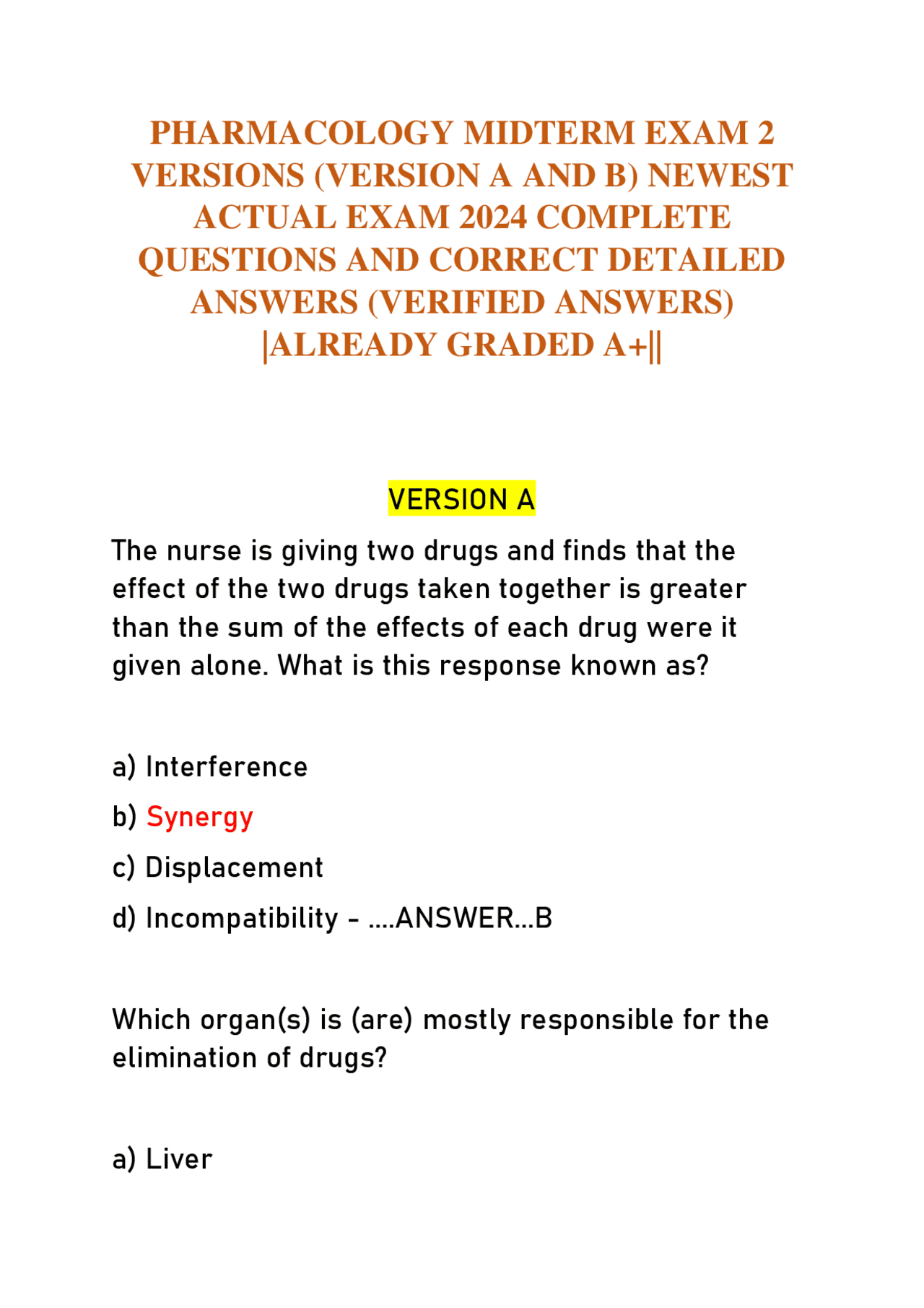 PHARMACOLOGY MIDTERM EXAM 2 VERSIONS (VERSION A AND B) NEWEST ACTUAL ...
