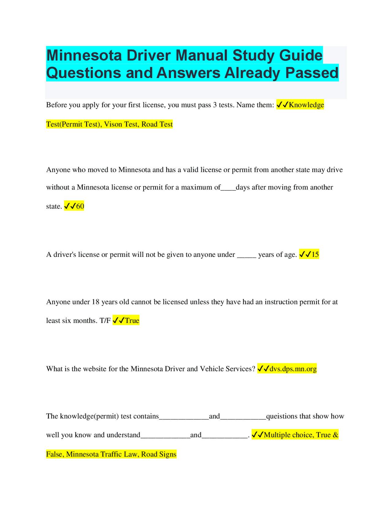 Minnesota Driver Manual Study Guide Questions and Answers Already ...