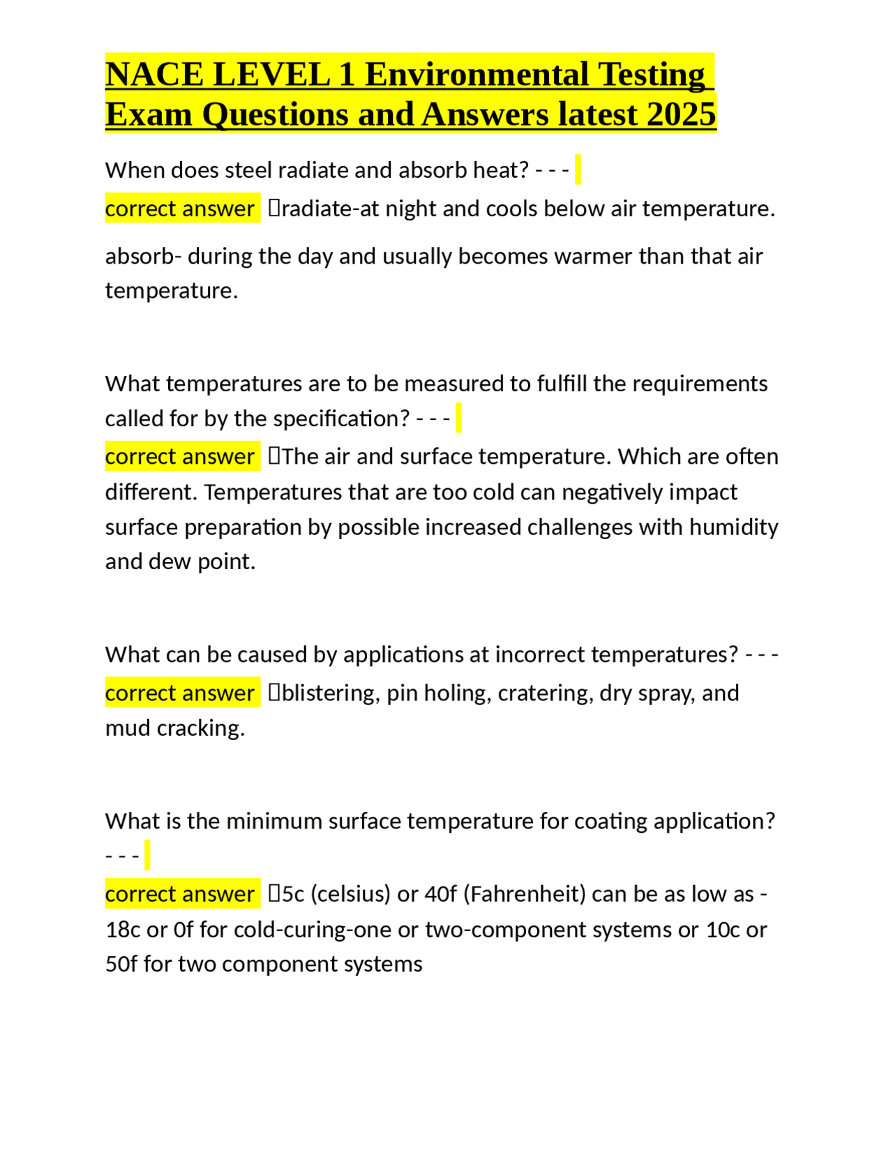 NACE Level 1 Environmental Testing Exam Questions and Answers | Exams ...