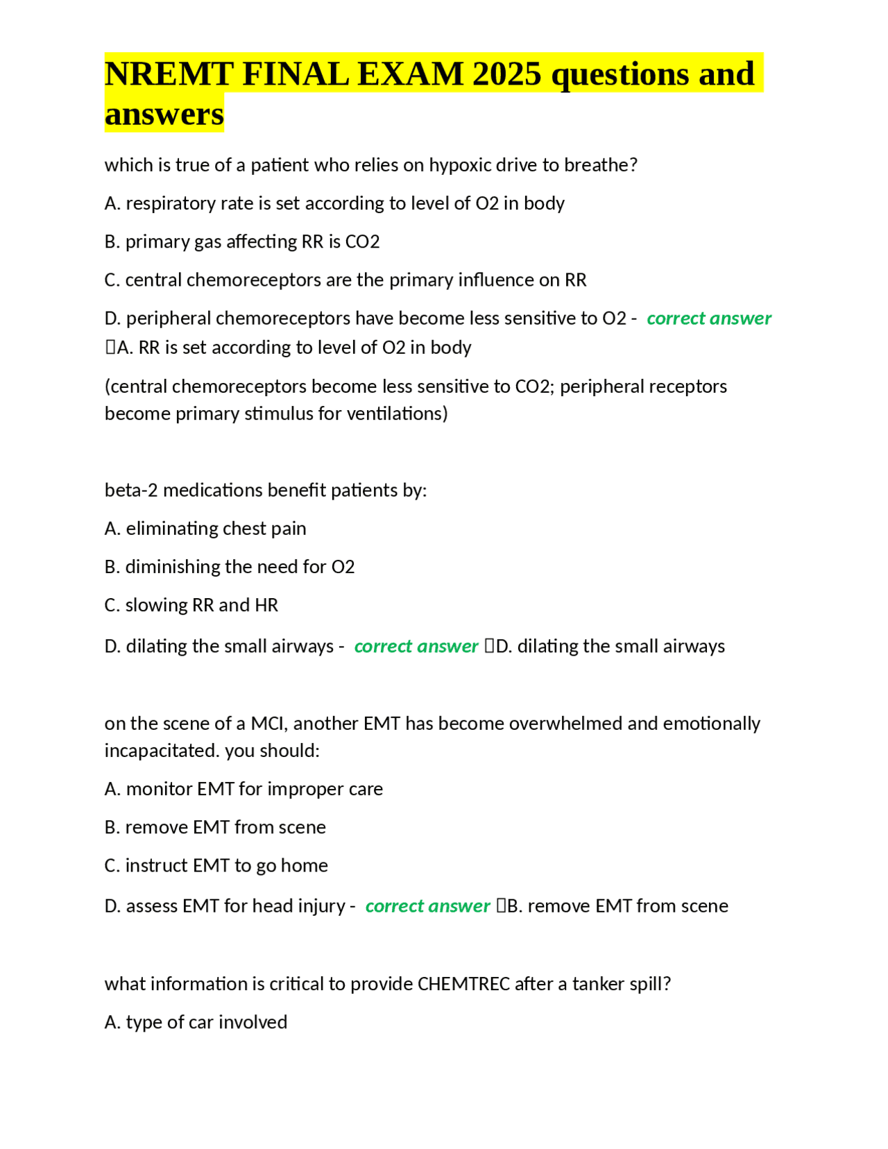NREMT Final Exam 2025: Practice Questions and Answers | Exams Nursing ...