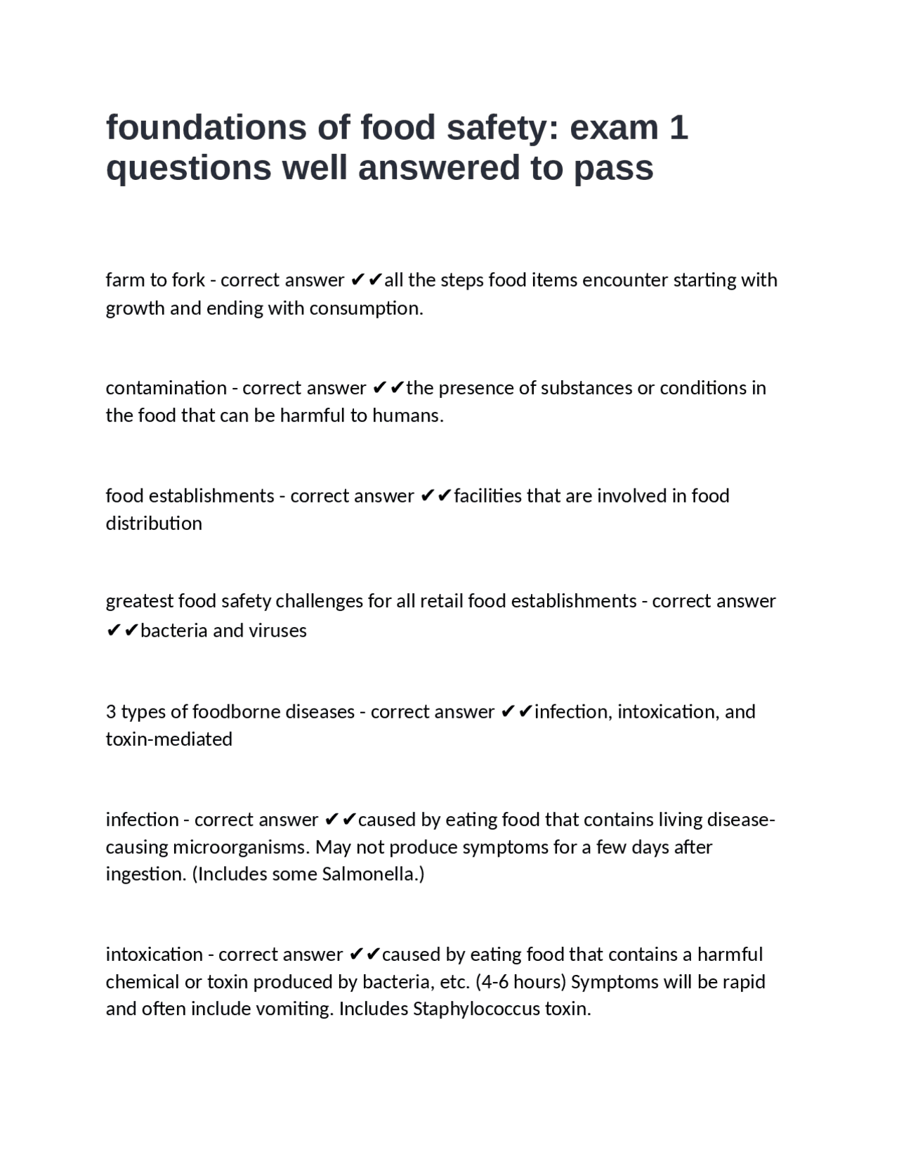 foundations of food safety exam 1 questions well answered to pass-13 ...