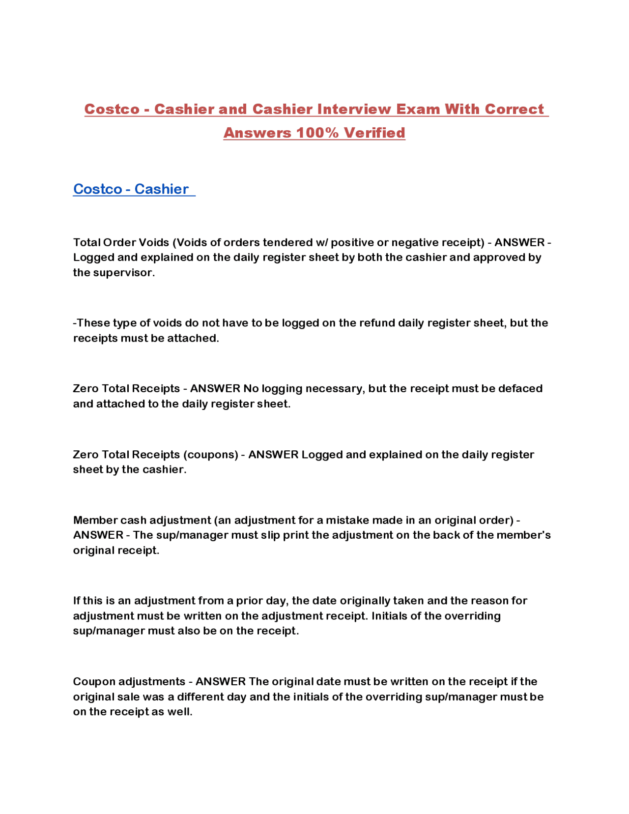 Costco - Cashier and Cashier Interview Exam With Correct Answers 100% ...