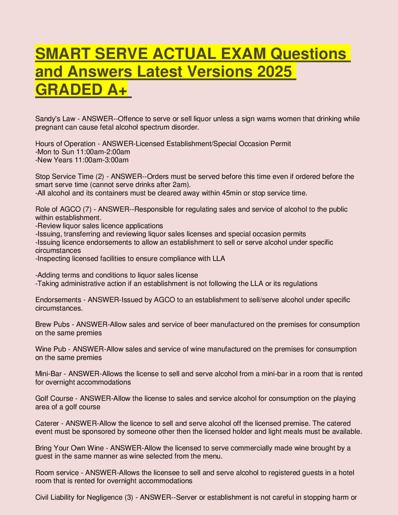 Smart Serve Exam Questions and Answers: A Guide to Alcohol Service ...