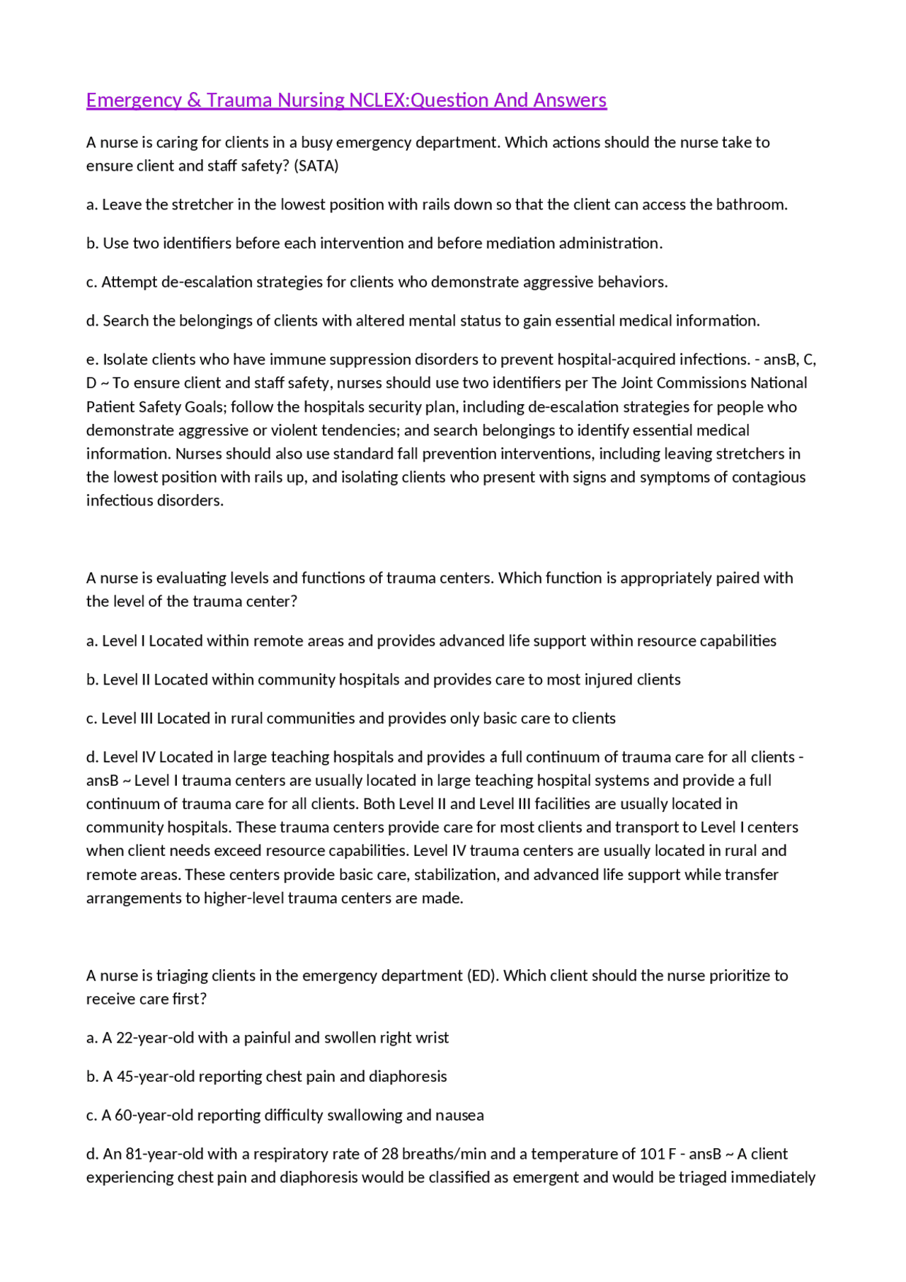 Emergency & Trauma Nursing NCLEX | Exercises Nursing | Docsity